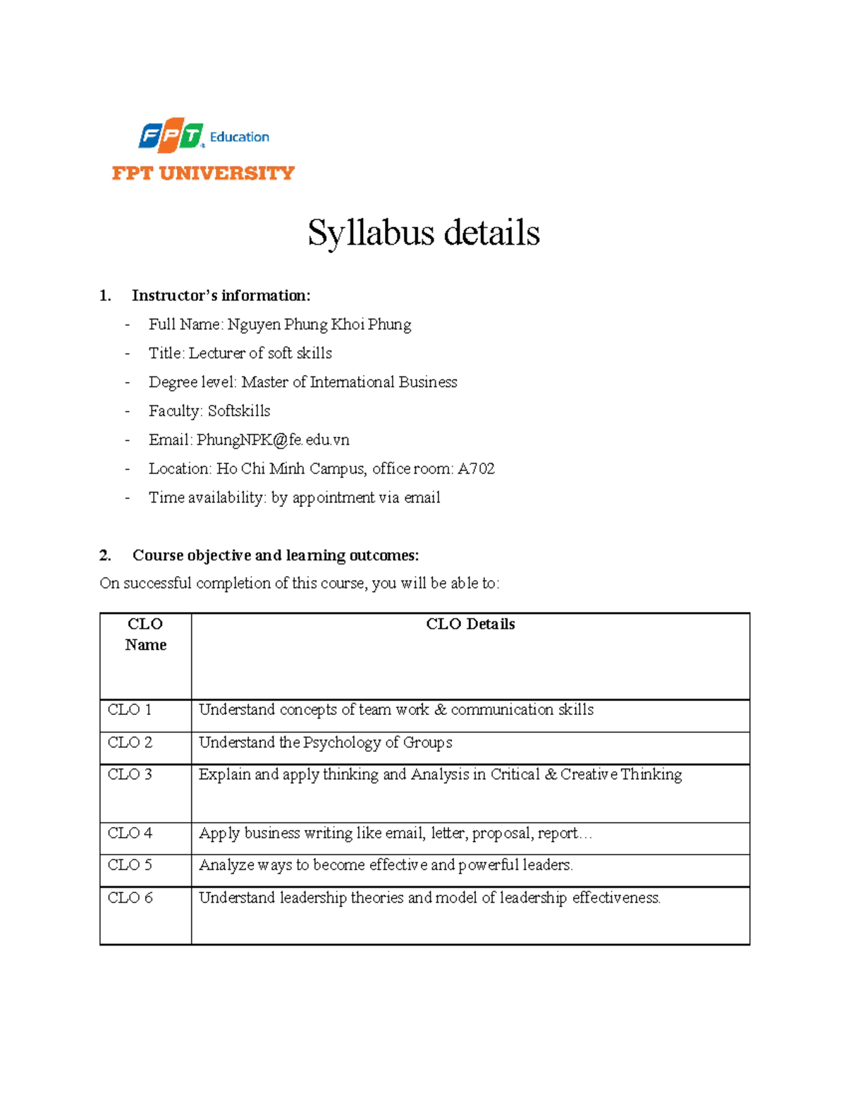 Syllabus details - important - Syllabus details Instructor’s ...