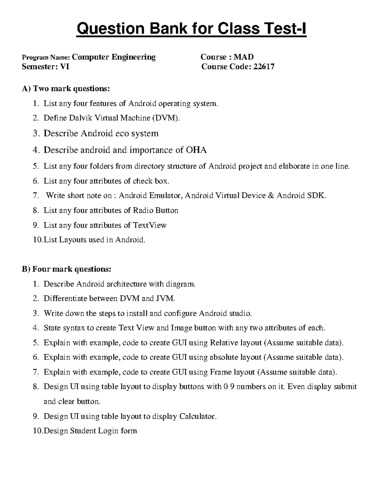 MAD Class TEST-I Question BANK - Question Bank for Class Test-I Program ...