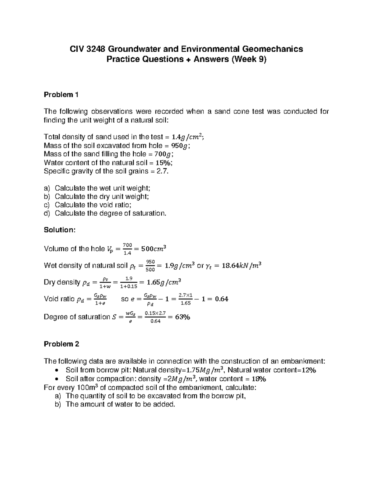 Week 9 Practice Solutions - CIV 3248 Groundwater and Environmental ...