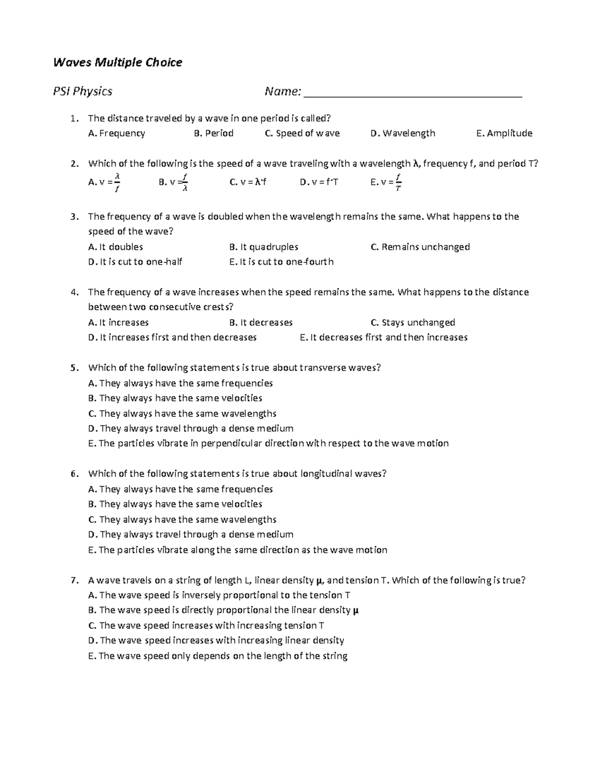 Waves multiple choice 2013 07 12 - Waves Multiple Choice PSI Physics ...
