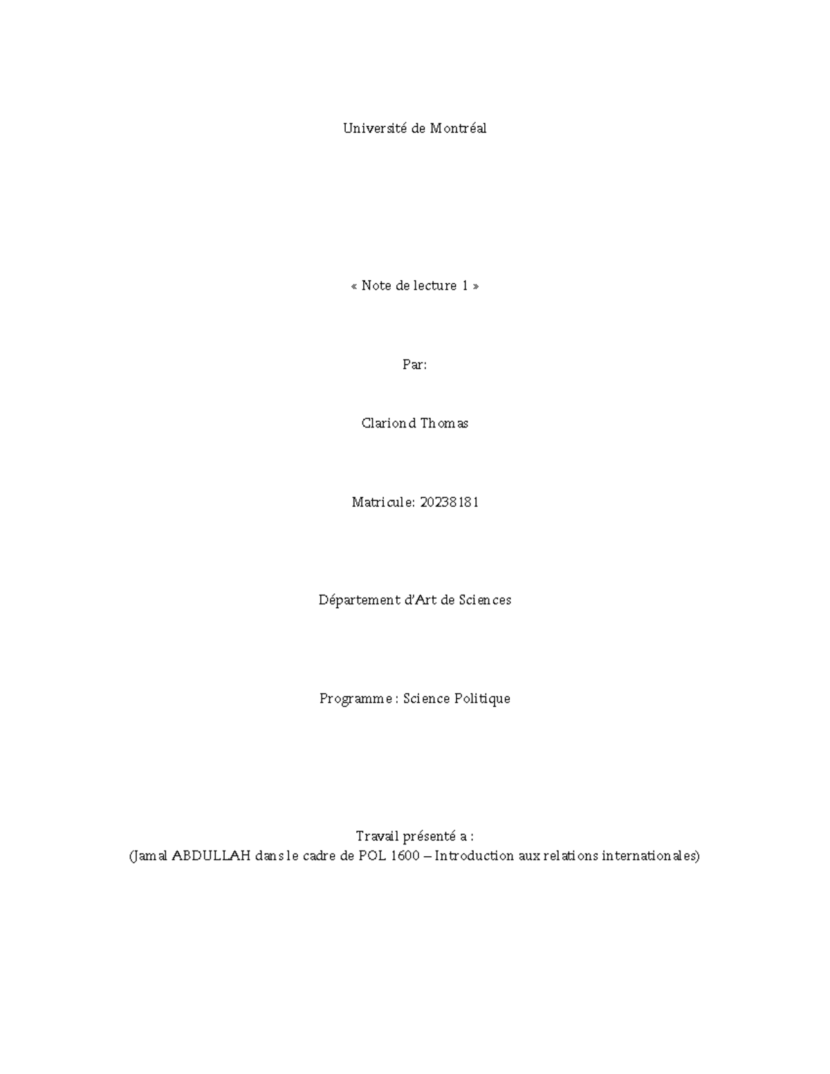 Note de lecture 1 Clariond Thomas - Université de Montréal « Note de ...