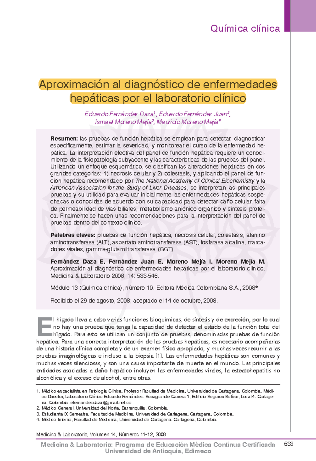 Pruebas de función hepatica - 533 Medicina & Laboratorio, Volumen 14 ...