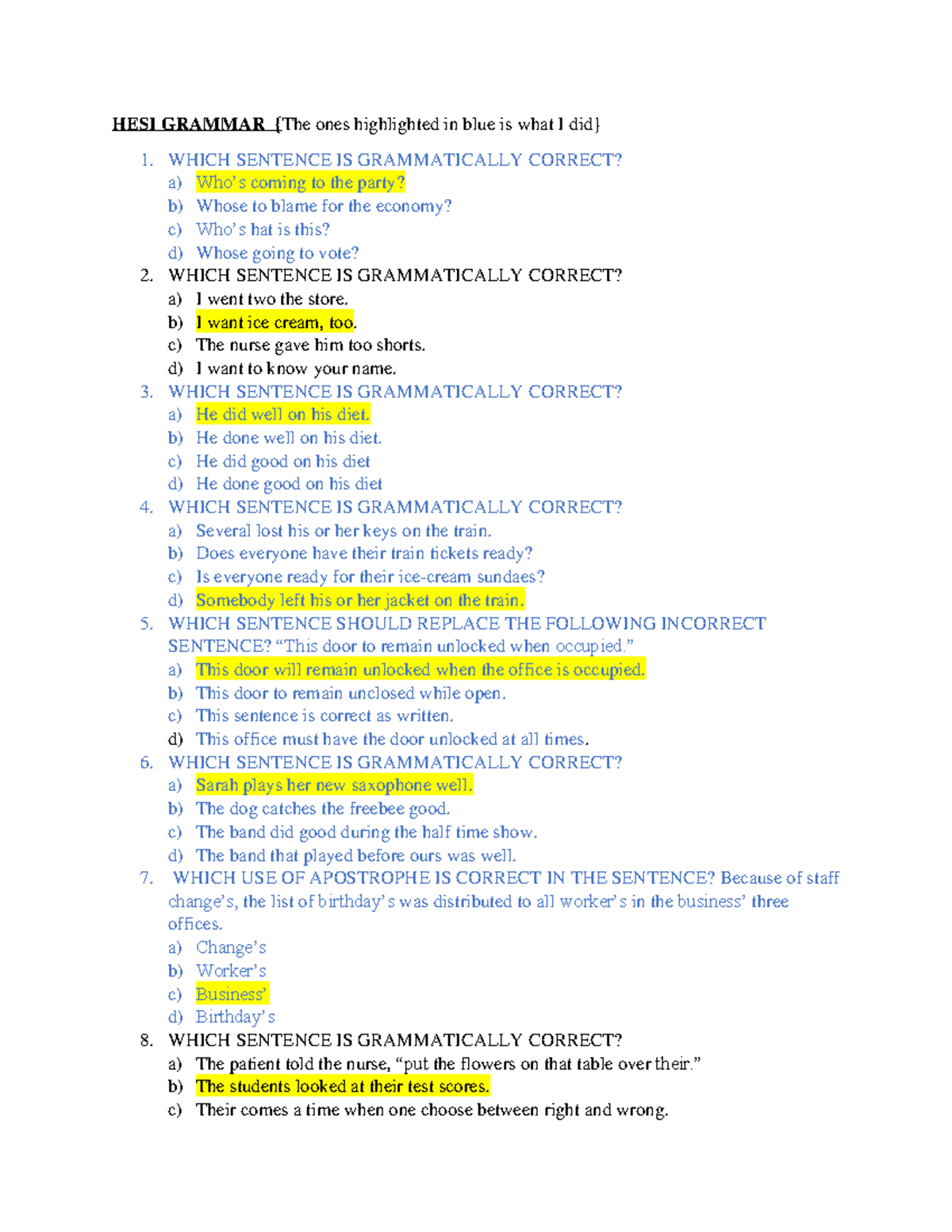 Hesi Grammer - HESI GRAMMAR {The ones highlighted in blue is what I did ...