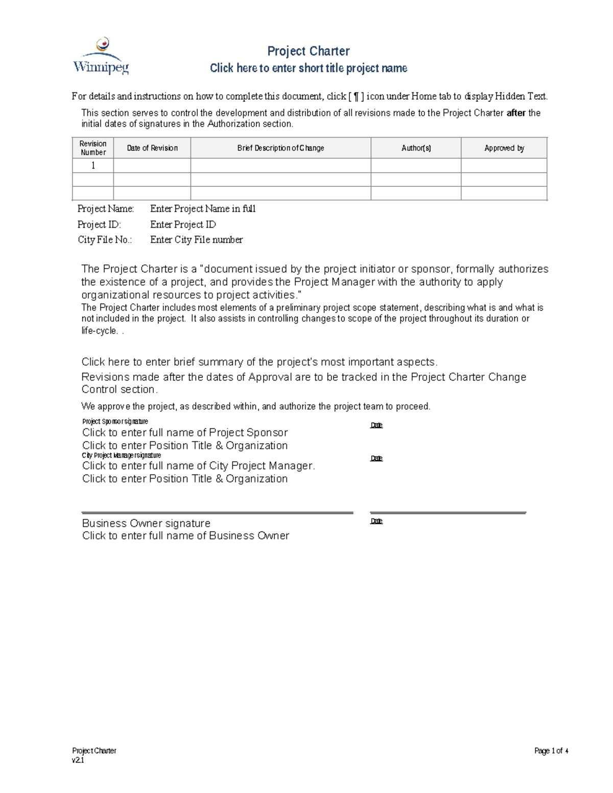 Project Charter v2 - Click here to enter short title project name For ...