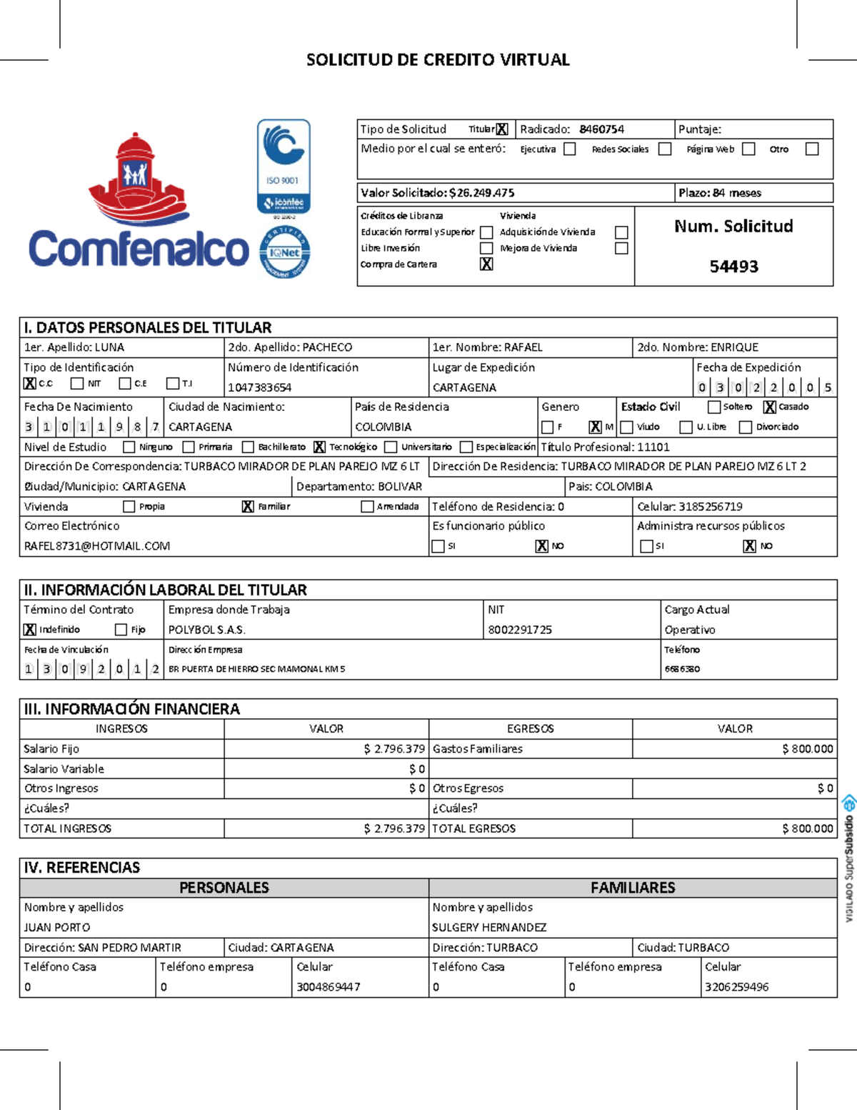 Doc - Rgfrsh - SOLICITUD DE CREDITO VIRTUAL Tipo de Solicitud Titular X ...