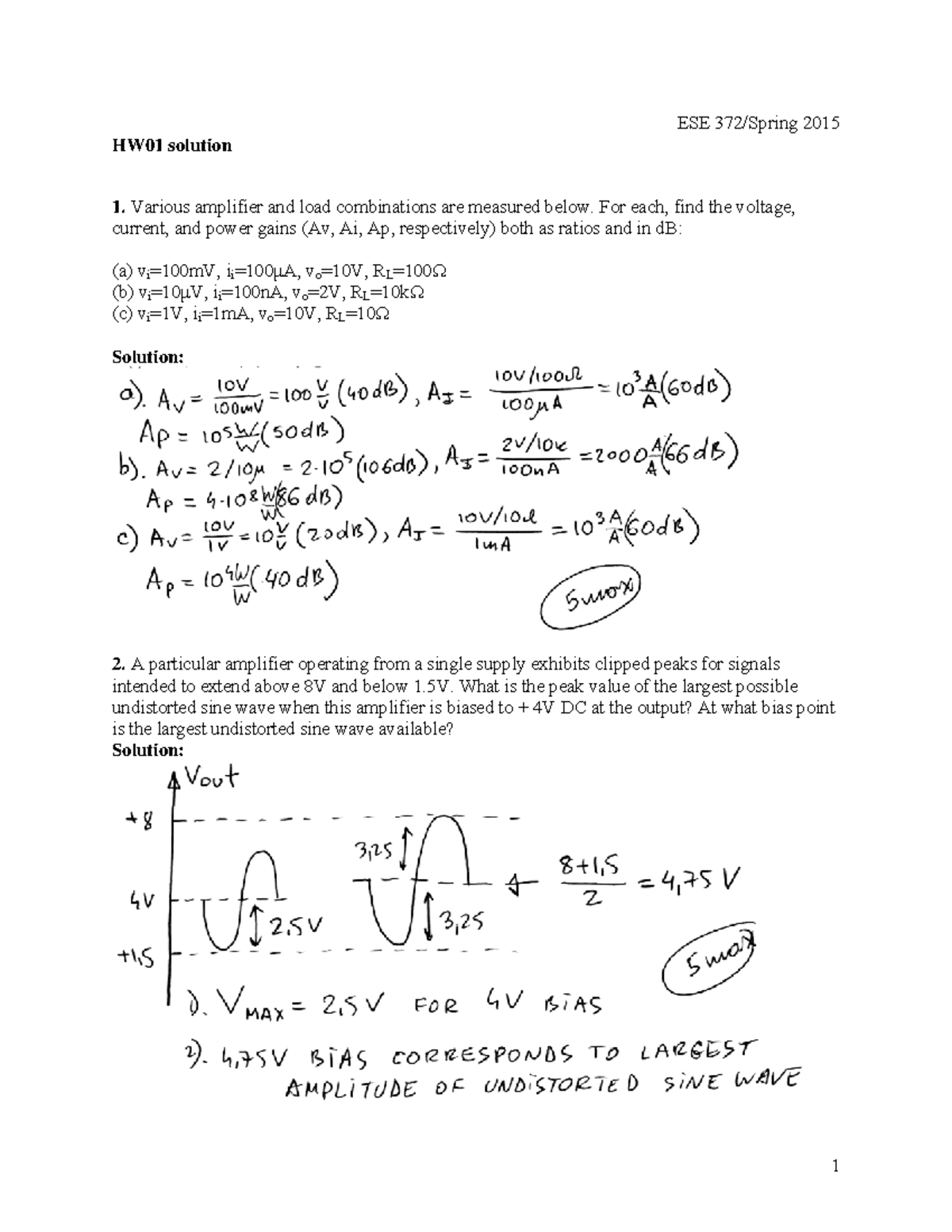 SBU ESE 372 Spring 2015 HW01 solution - ESE 372/Spring 2015 HW01 solution Various amplifier and ...