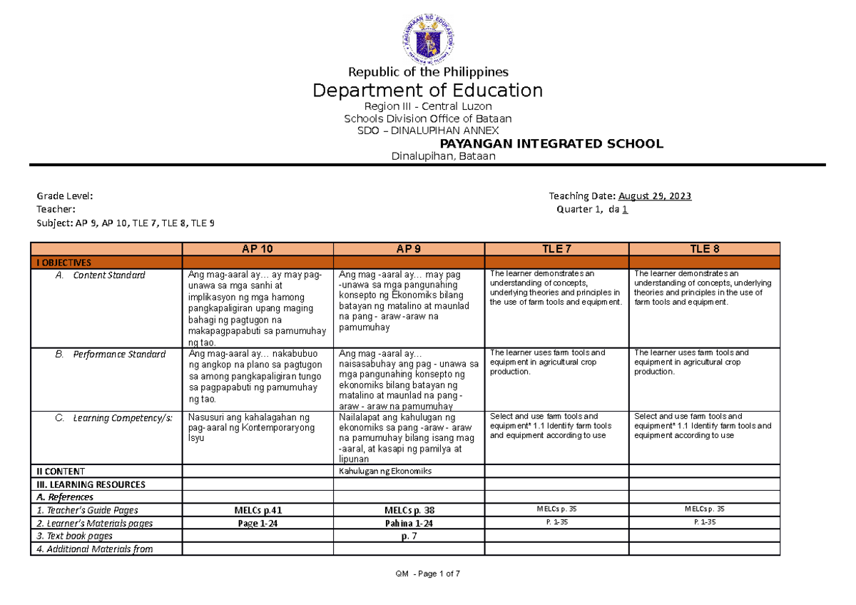 DLL Q1 W1 D1 (AUG. 29) - daily lesson log in tle, ap - Department of ...