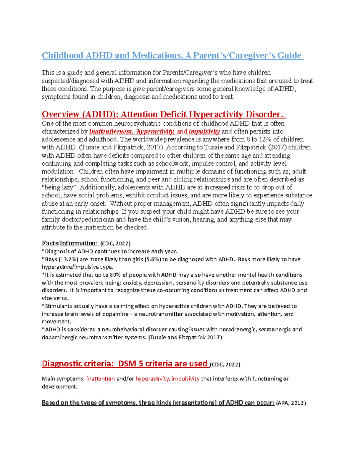 ADHD - ADHD - Childhood ADHD and Medications. A Parent’s/Caregiver’s ...