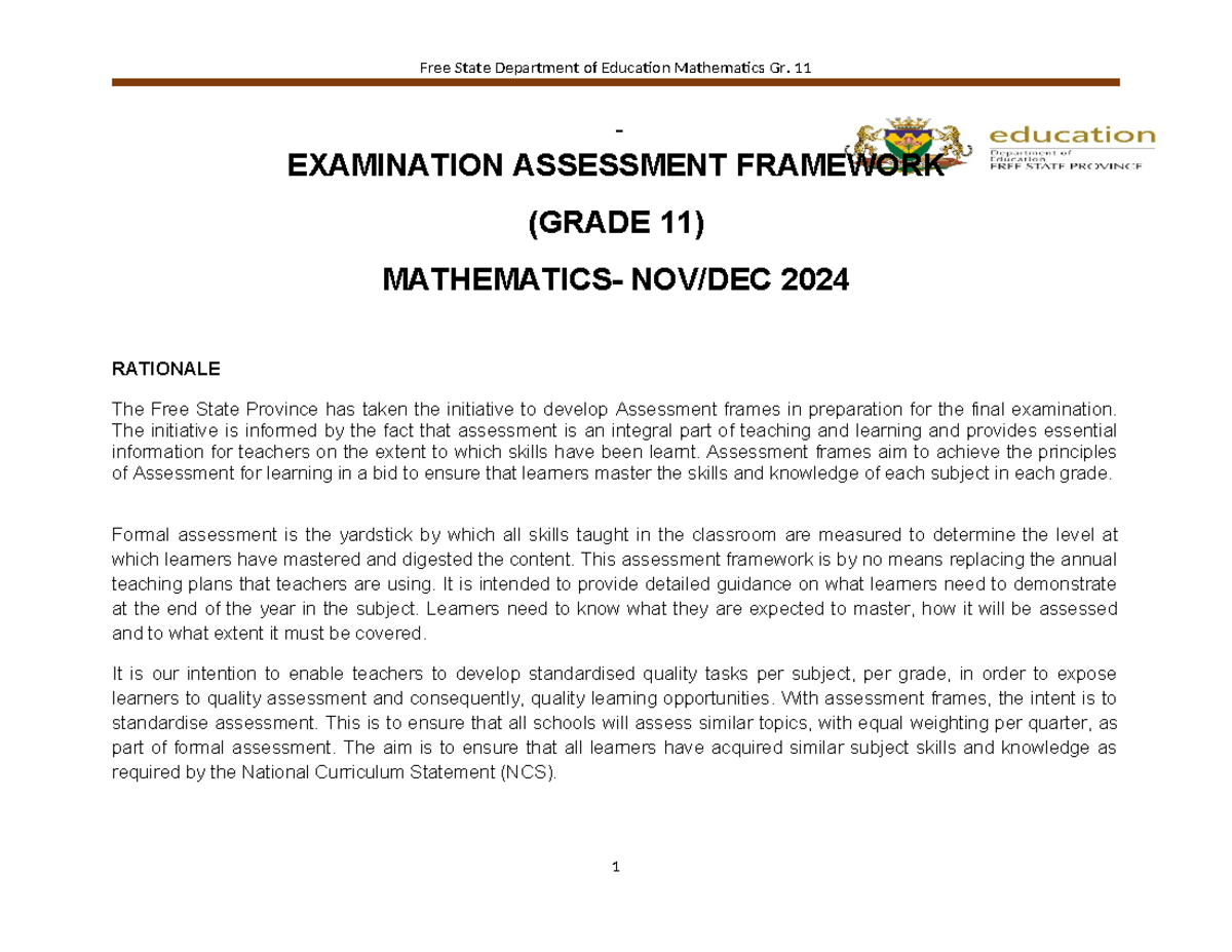 Maths GR 11 Assessment Framework - EXAMINATION ASSESSMENT FRAMEWORK ...