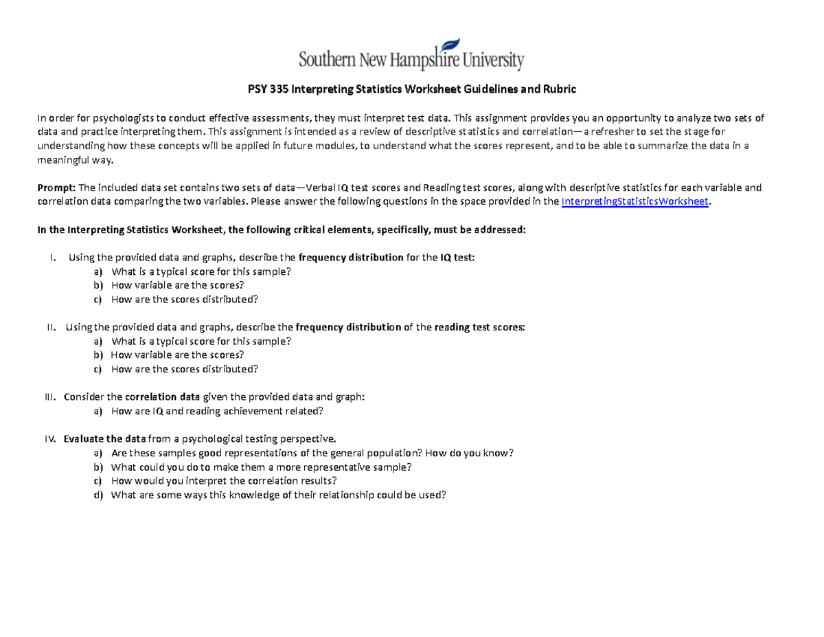 PSY 335 Interpreting Statistics Worksheet Guidelines and Rubric - This ...