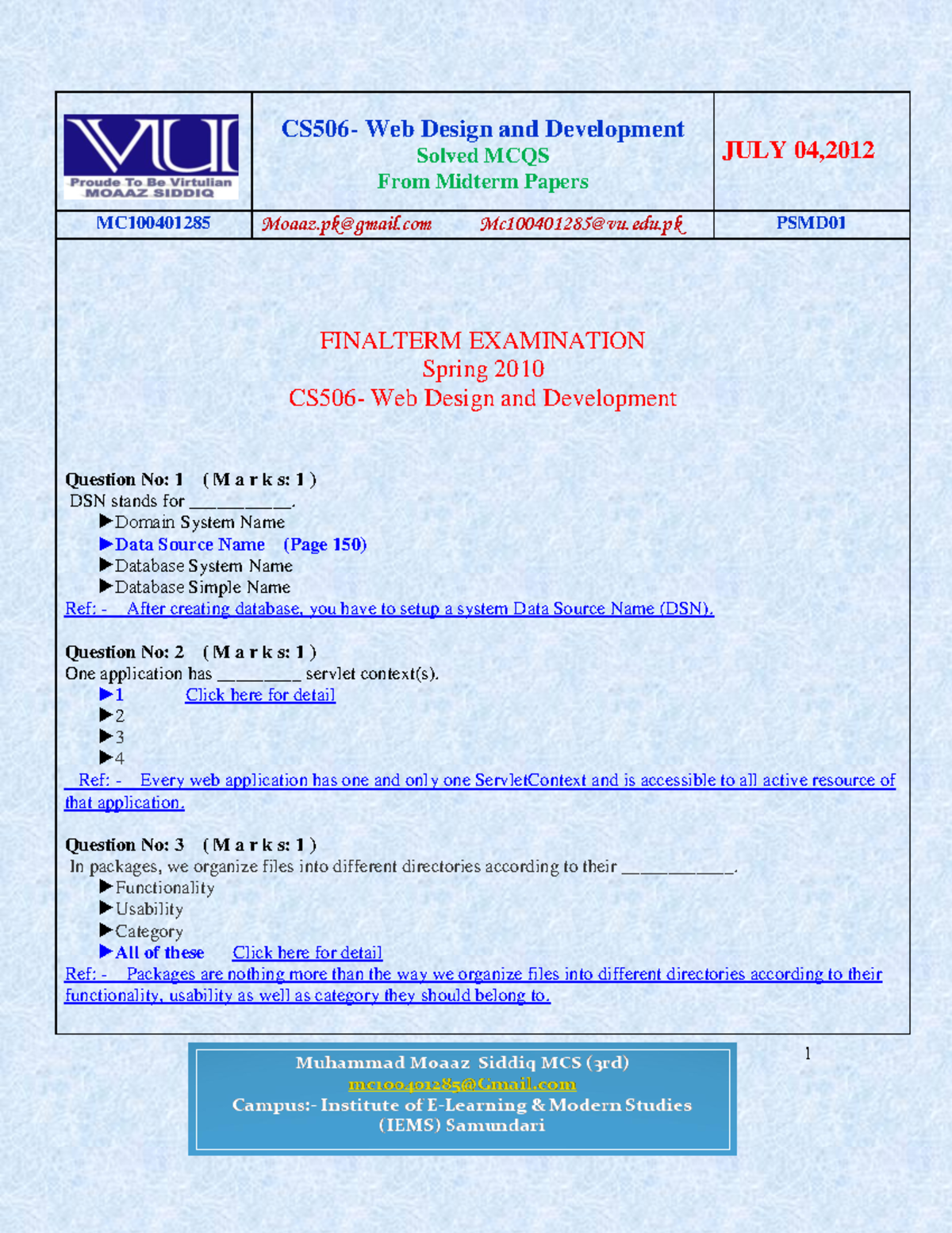 Cs506 Final Term Mcqs Solved With References By Moaaz Cs506 Web Design And Development Solved