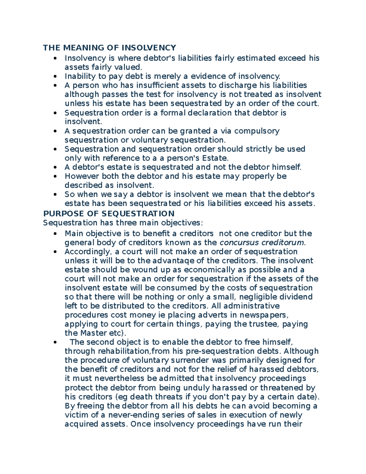 Insolvency intro - THE MEANING OF INSOLVENCY Insolvency is where debtor ...