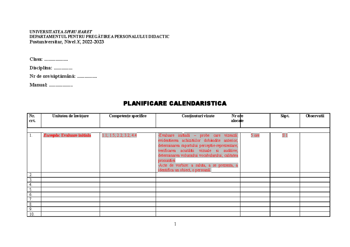 Template tabel planificare calendaristica - UNIVERSITATEA SPIRU HARET ...
