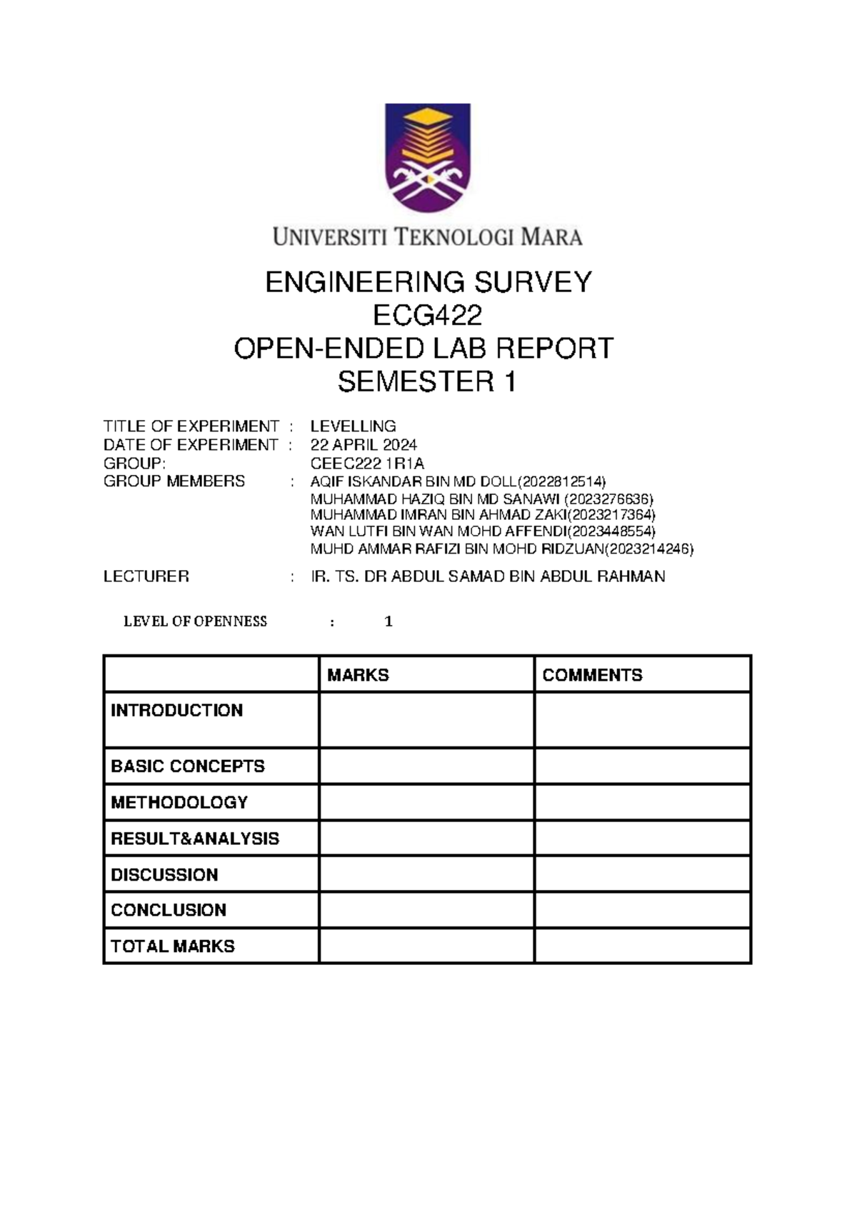 Levelling - LAB REPORT - ENGINEERING SURVEY ECG OPEN-ENDED LAB REPORT ...