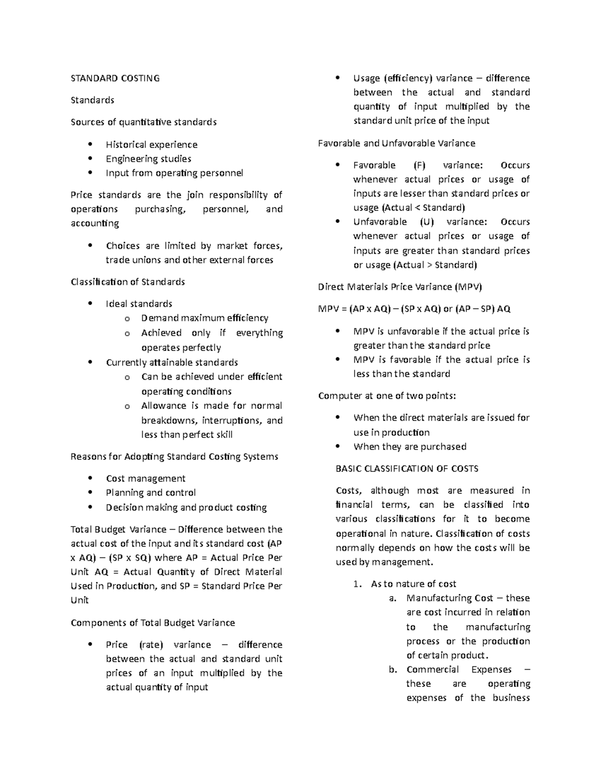 Stra Co Man Reviewer - asd - STANDARD COSTING Standards Sources of ...