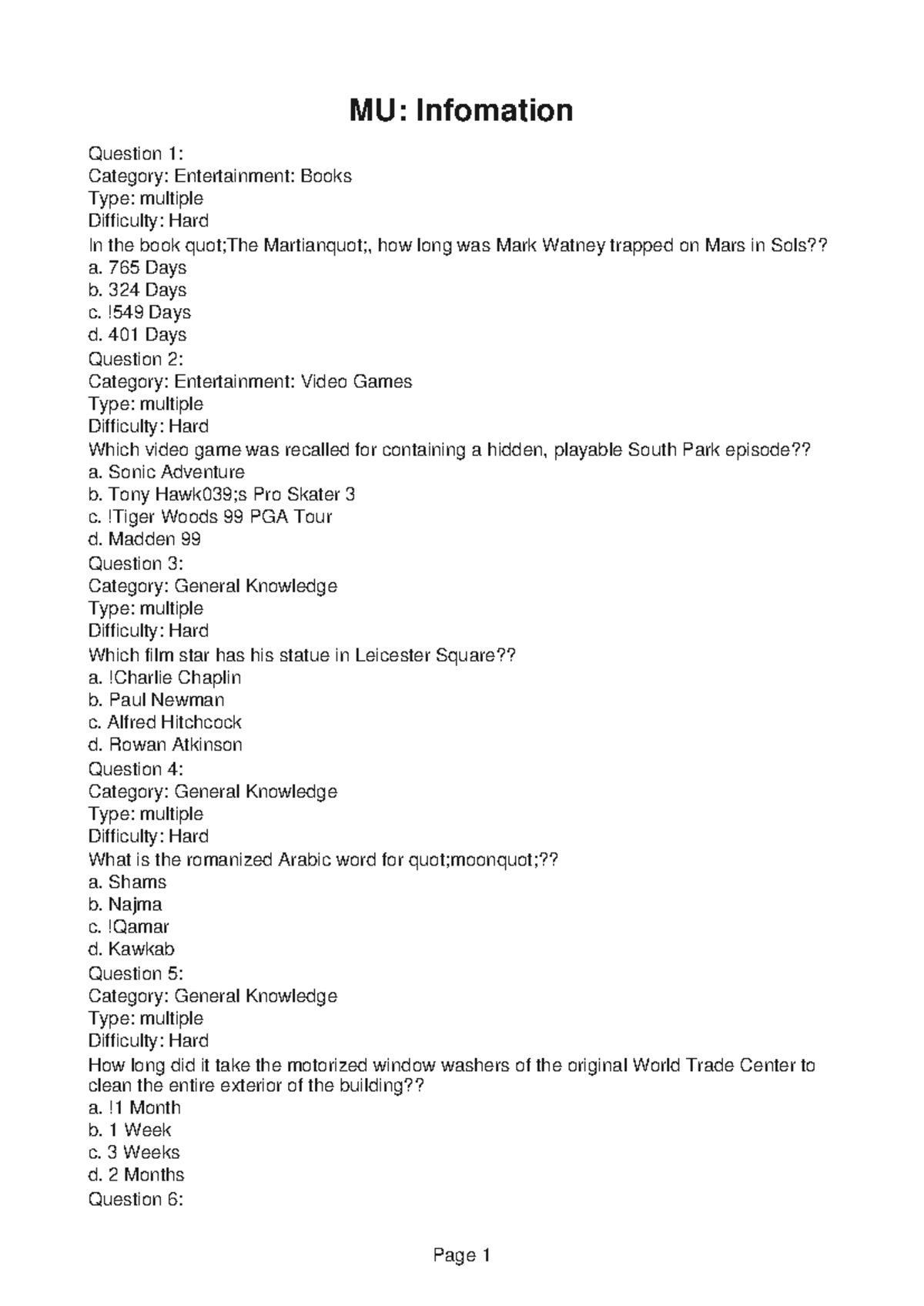 MU152 Handout 6 - MU: Infomation Question 1: Category: Entertainment: Books Type: multiple - Studocu