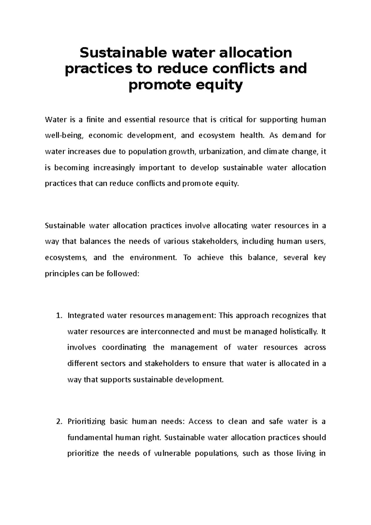 Sustainable water allocation practices to reduce conflicts and promote ...