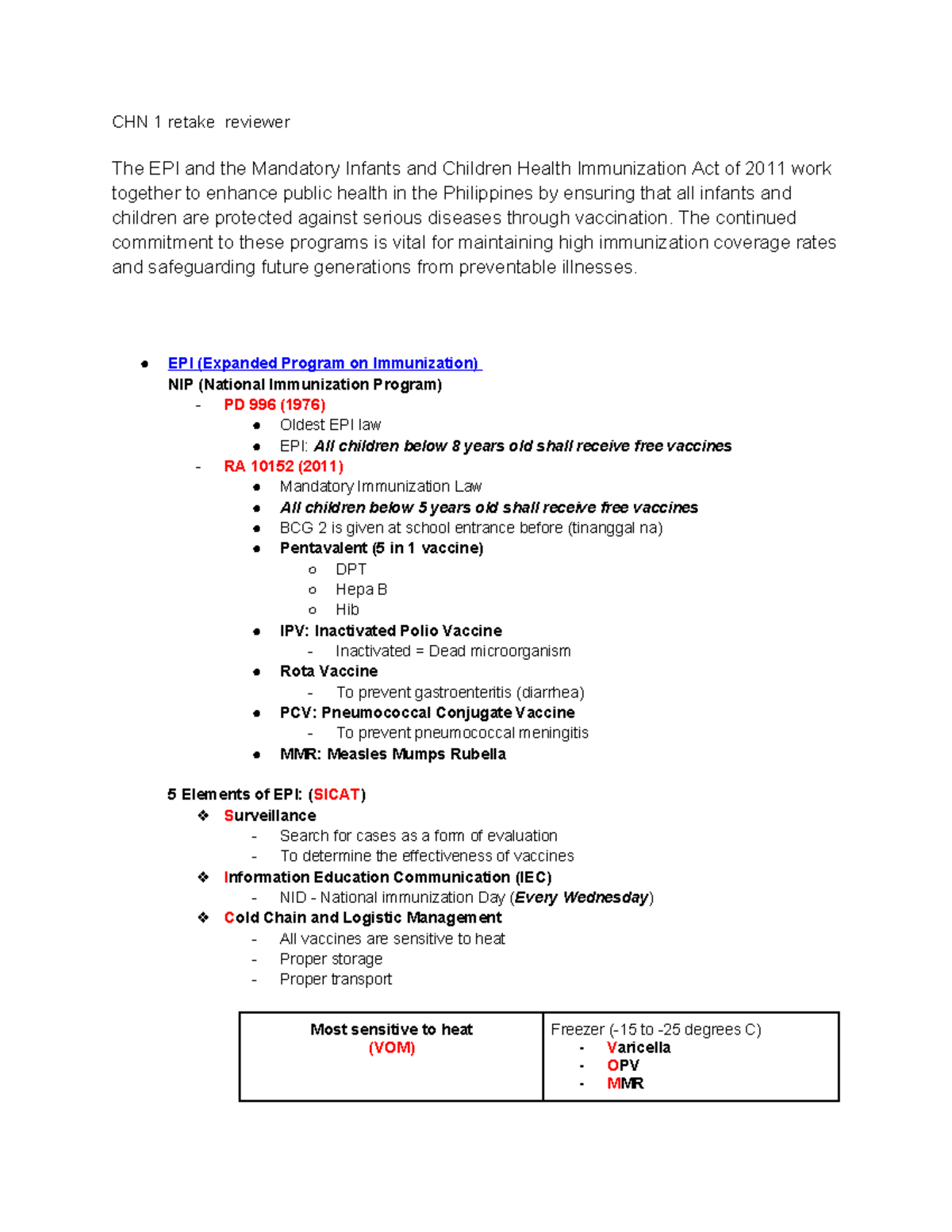 CHN 1 retake reviewer - Notes - CHN 1 retake reviewer The EPI and the ...