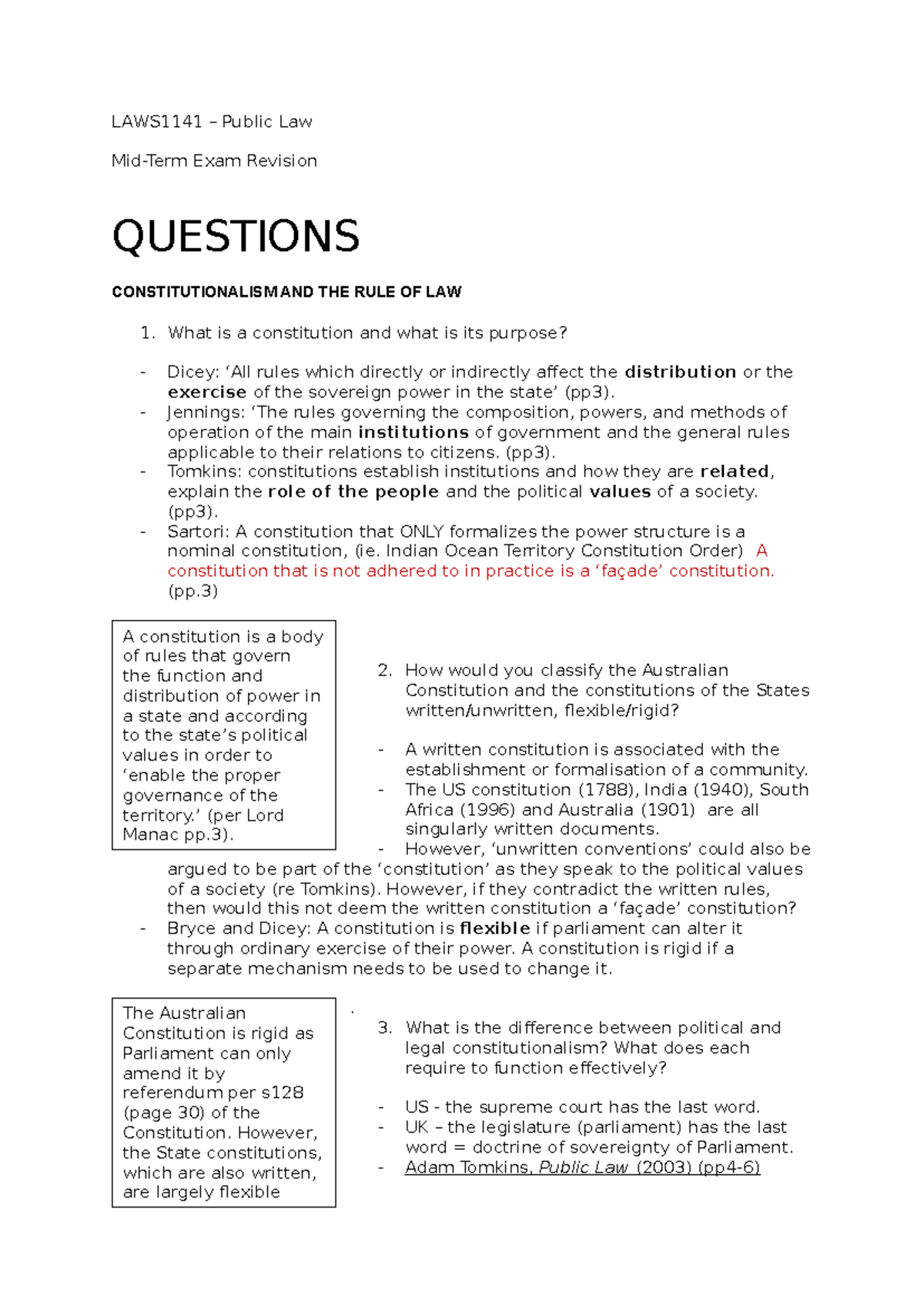 LAWS1141 Mid Term Exam REvision Doco - LAWS1141 – Public Law Mid-Term ...