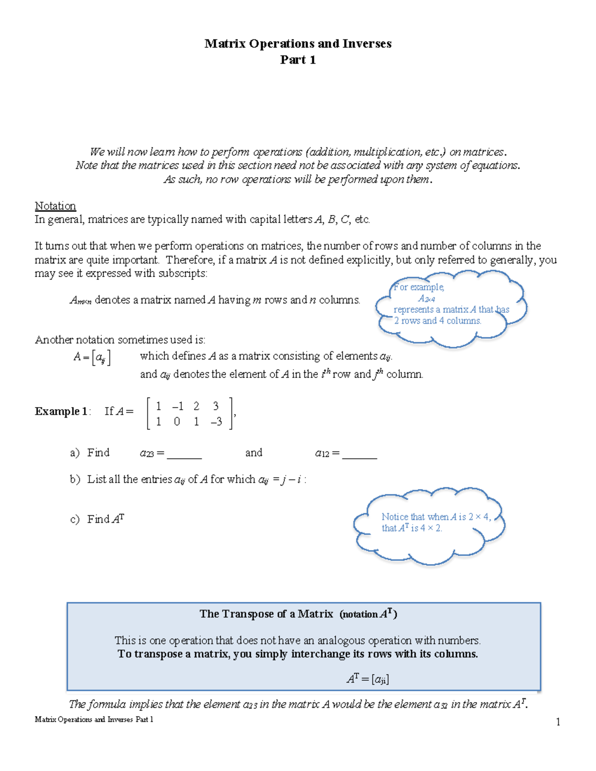 5 Matrix Operations 1-2 - Matrix Operations and Inverses Part 1 1 ...