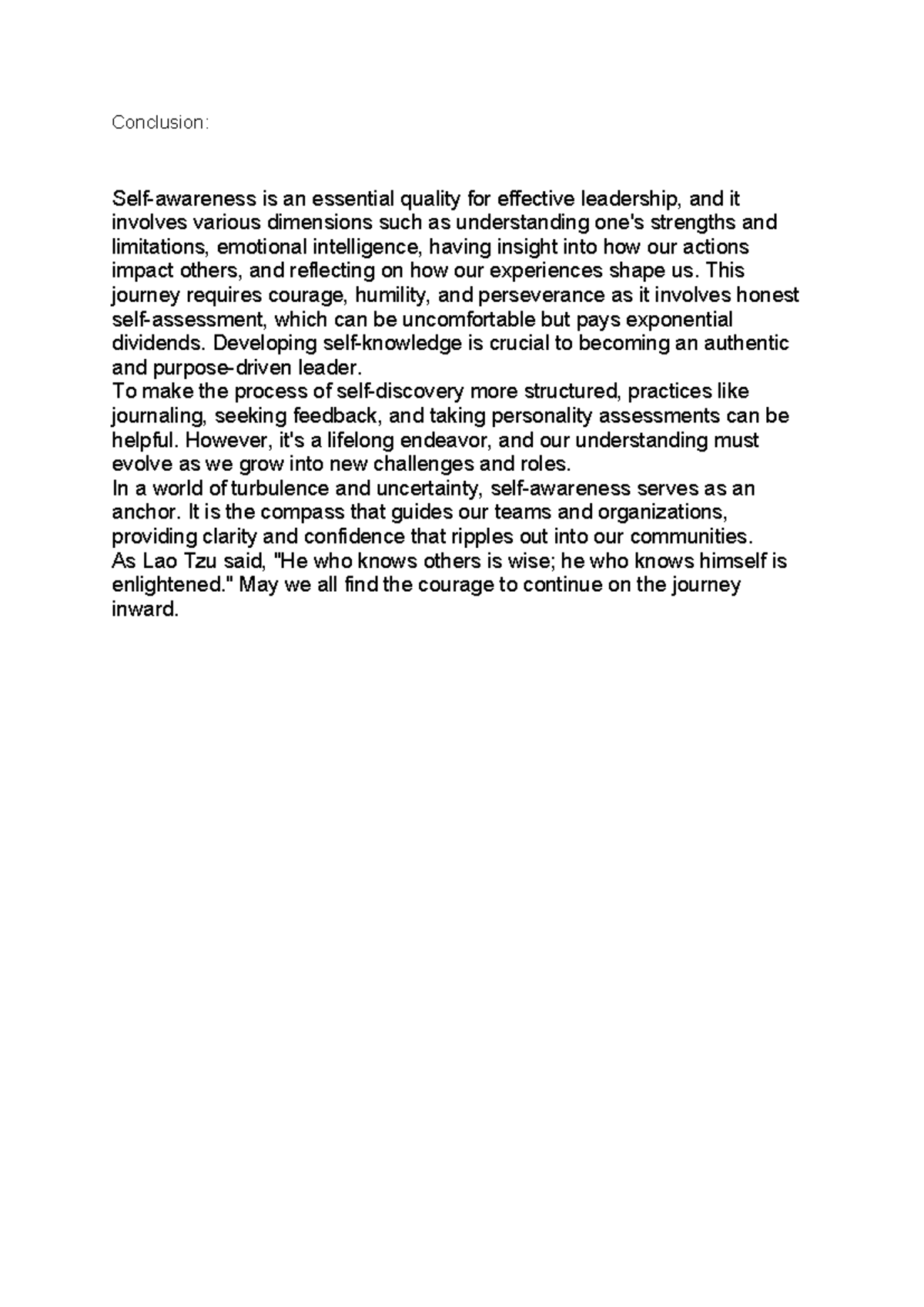 Conclusion - asdadad - Conclusion: Self-awareness is an essential ...