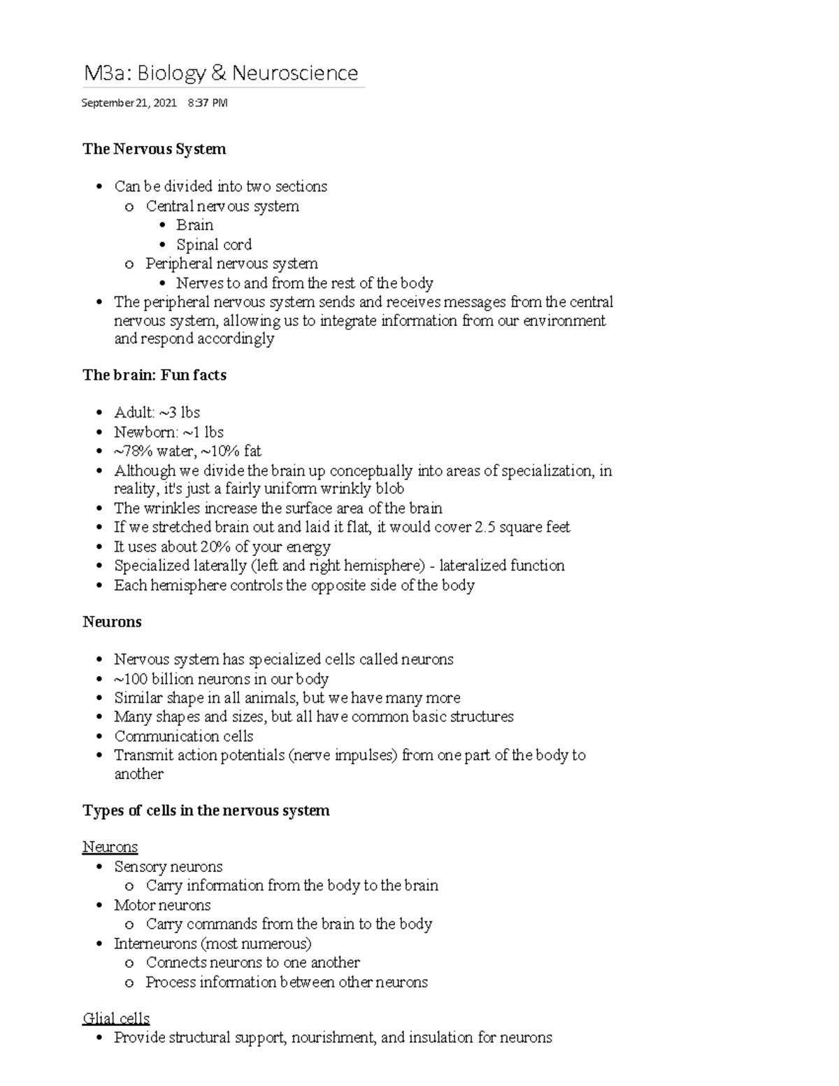 PSY1101 Module 3a Neuroscience - M3a: Biology & Neuroscience September ...