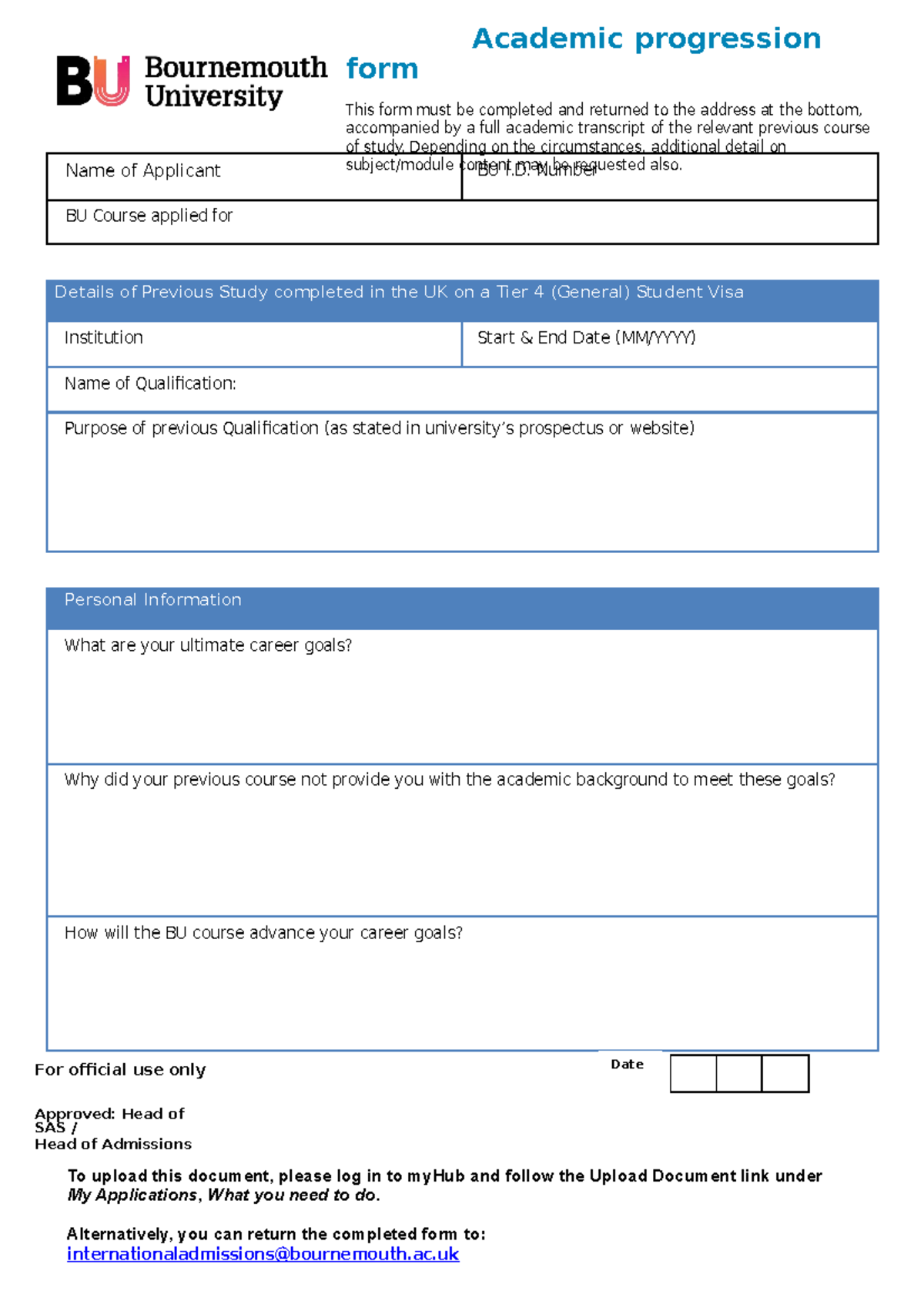 Academic Progression form 3 - Name of Applicant BU I. Number BU Course ...
