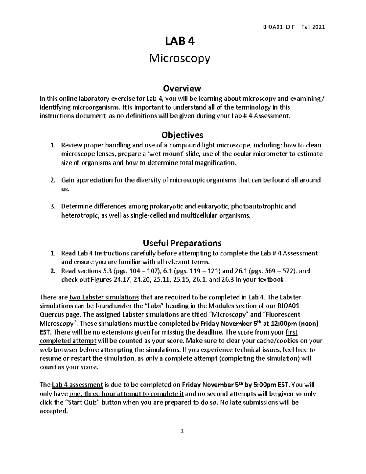 BIOA01 Lab 4 Microscopy Instructions F2021 - LAB 4 Microscopy Overview ...