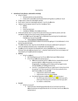 Torts Cheat Sheet - Exam prep notes. - A. Battery: 1. Definition - An ...