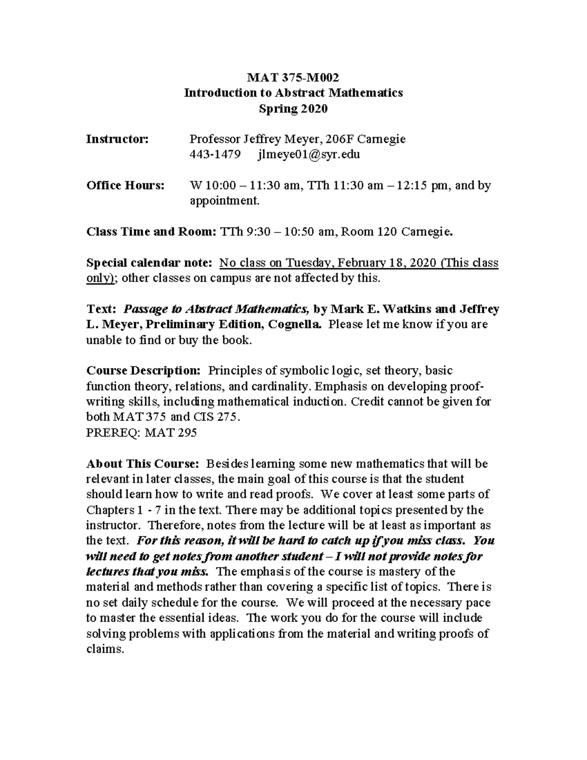 Discrete math Syllabus - MAT 375-M Introduction to Abstract Mathematics ...