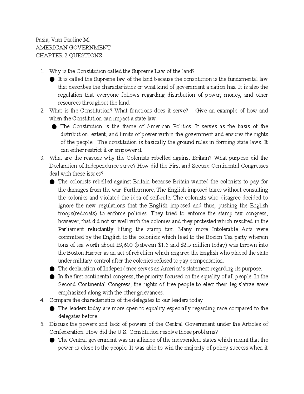 Chapter 2 questions - Pasia, Vian Pauline M. AMERICAN GOVERNMENT ...