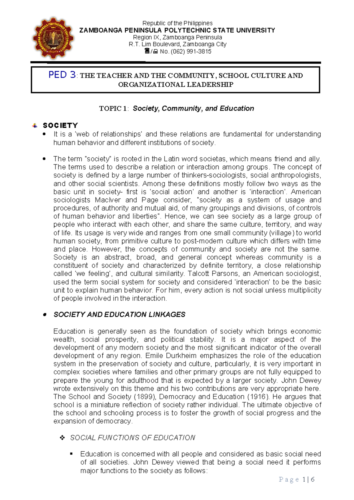 PED 3 Topic 1 Lecture - None - ZAMBOANGA PENINSULA POLYTECHNIC STATE UNIVERSITY Region IX ...