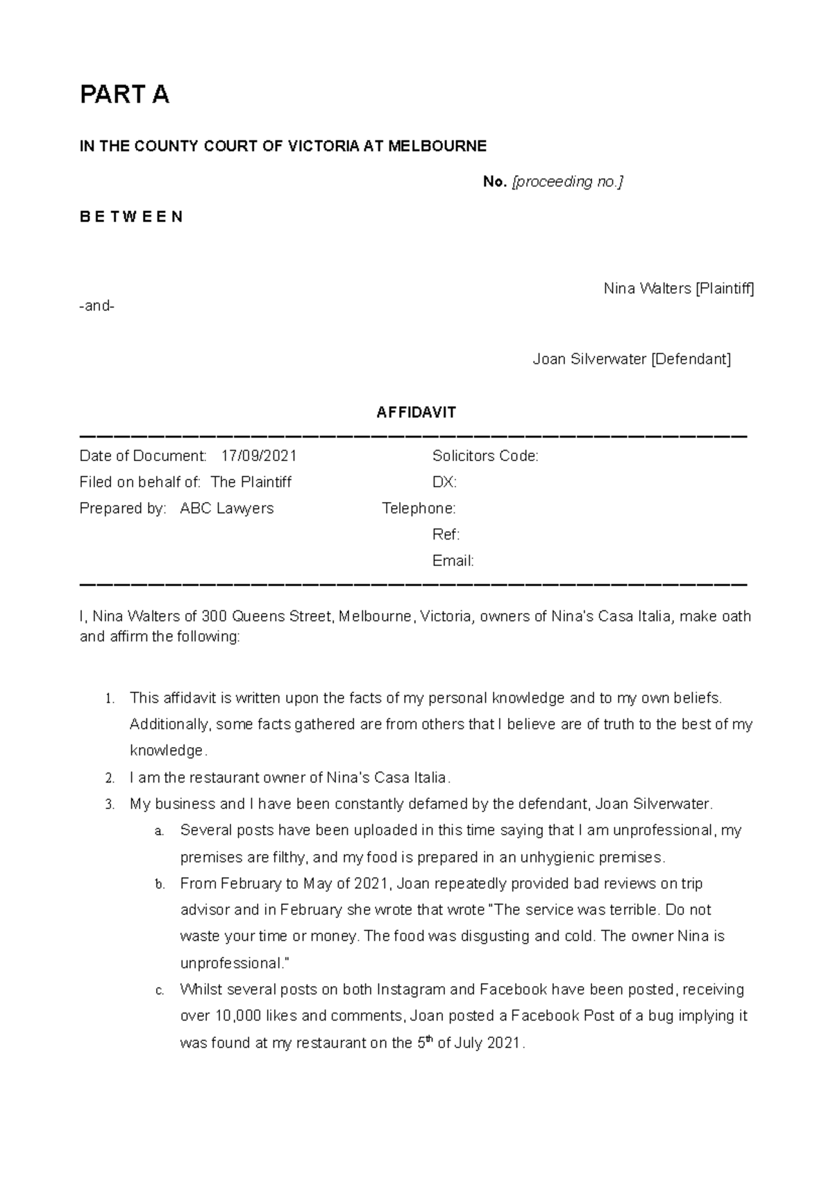 LLW1003 Assessment 3 82 PART A IN THE COUNTY COURT OF VICTORIA AT