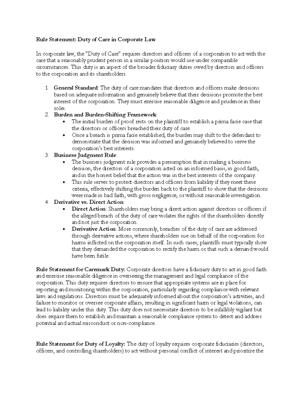 Rule Statements for bus. orgz - Rule Statement: Duty of Care in ...