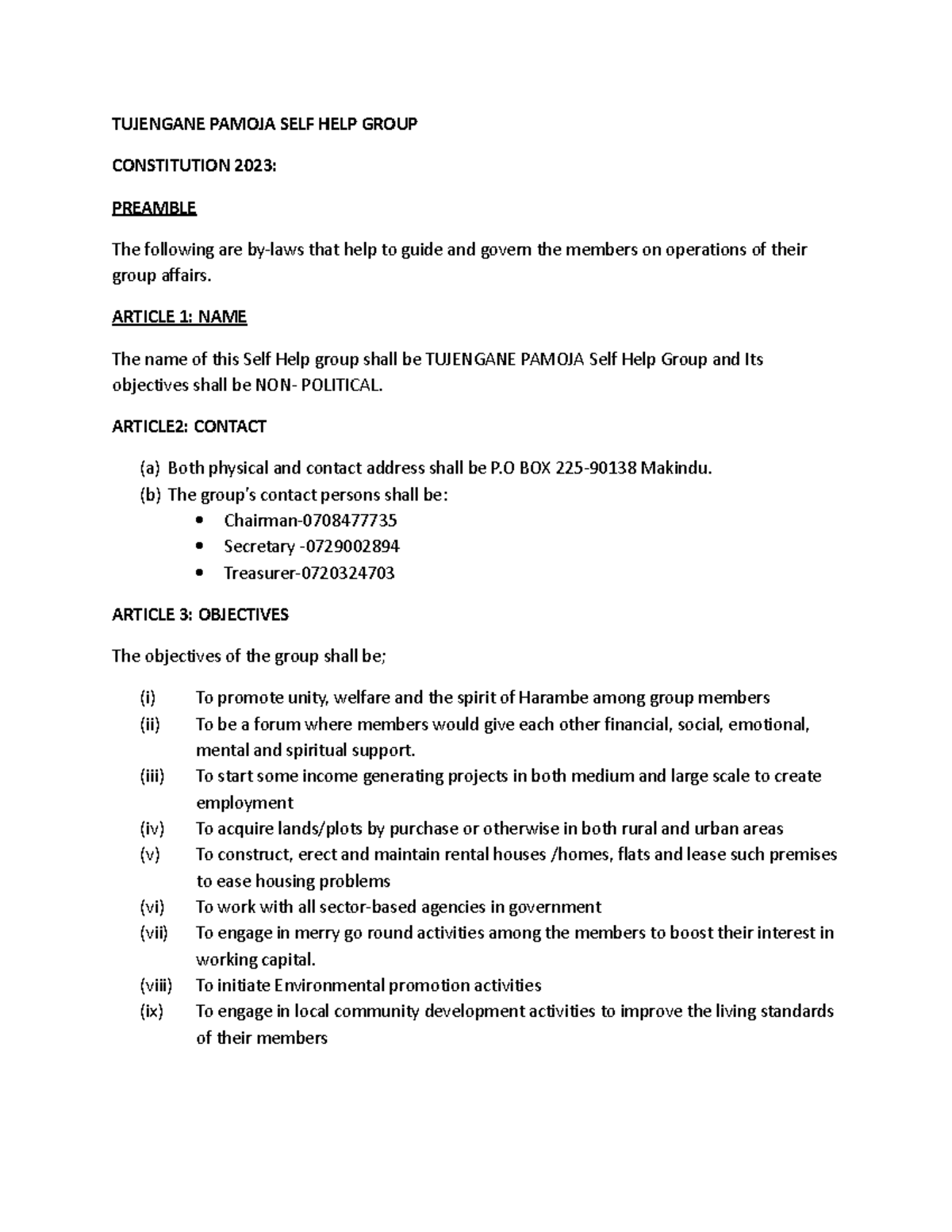 Mwangaza teachers self help group-1 - TUJENGANE PAMOJA SELF HELP GROUP CONSTITUTION 2023 ...