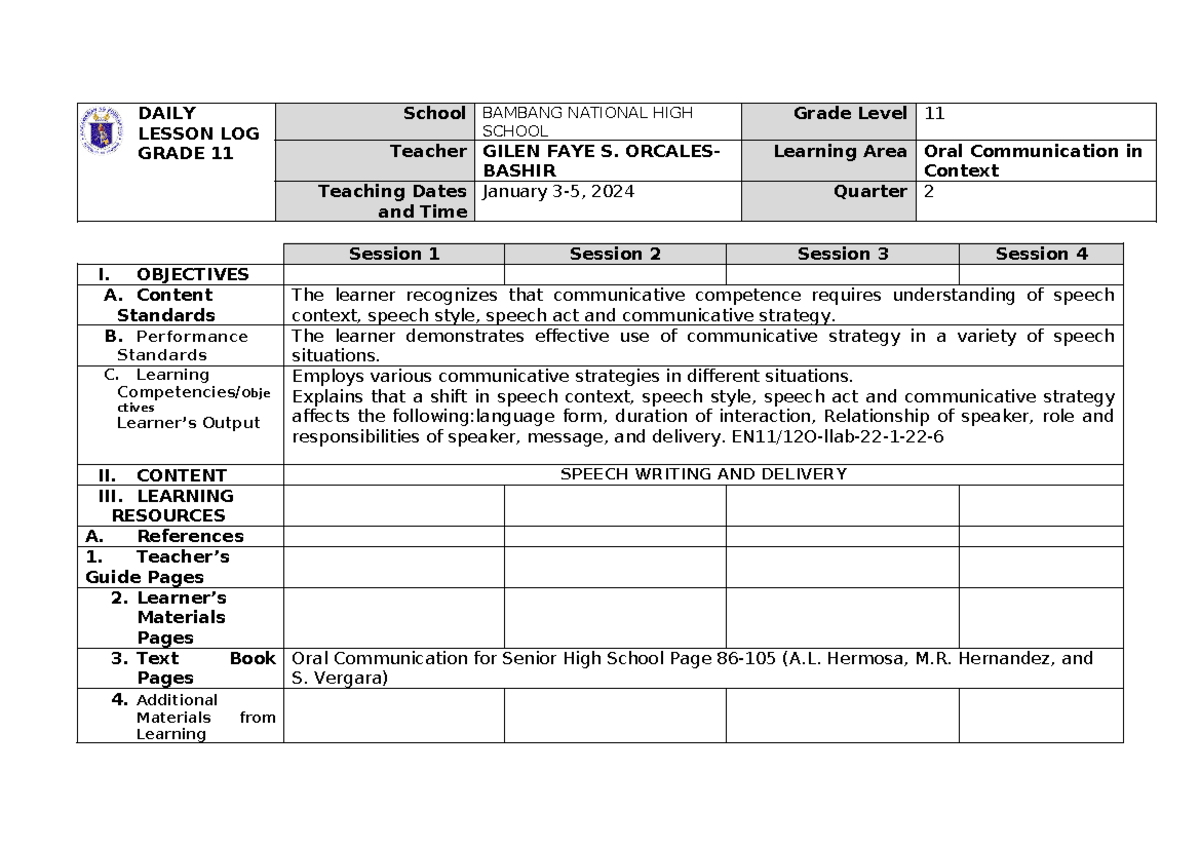 Oral comm jan 3-5 - DAILY LESSON LOG GRADE 11 School BAMBANG NATIONAL ...
