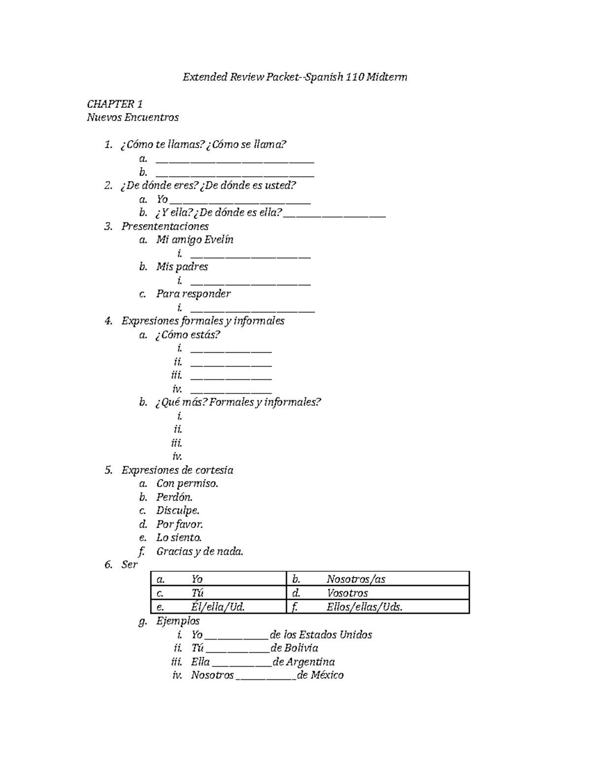 Midterm Review Spanish 110 - Extended Review Packet-Spanish 110 Midterm ...