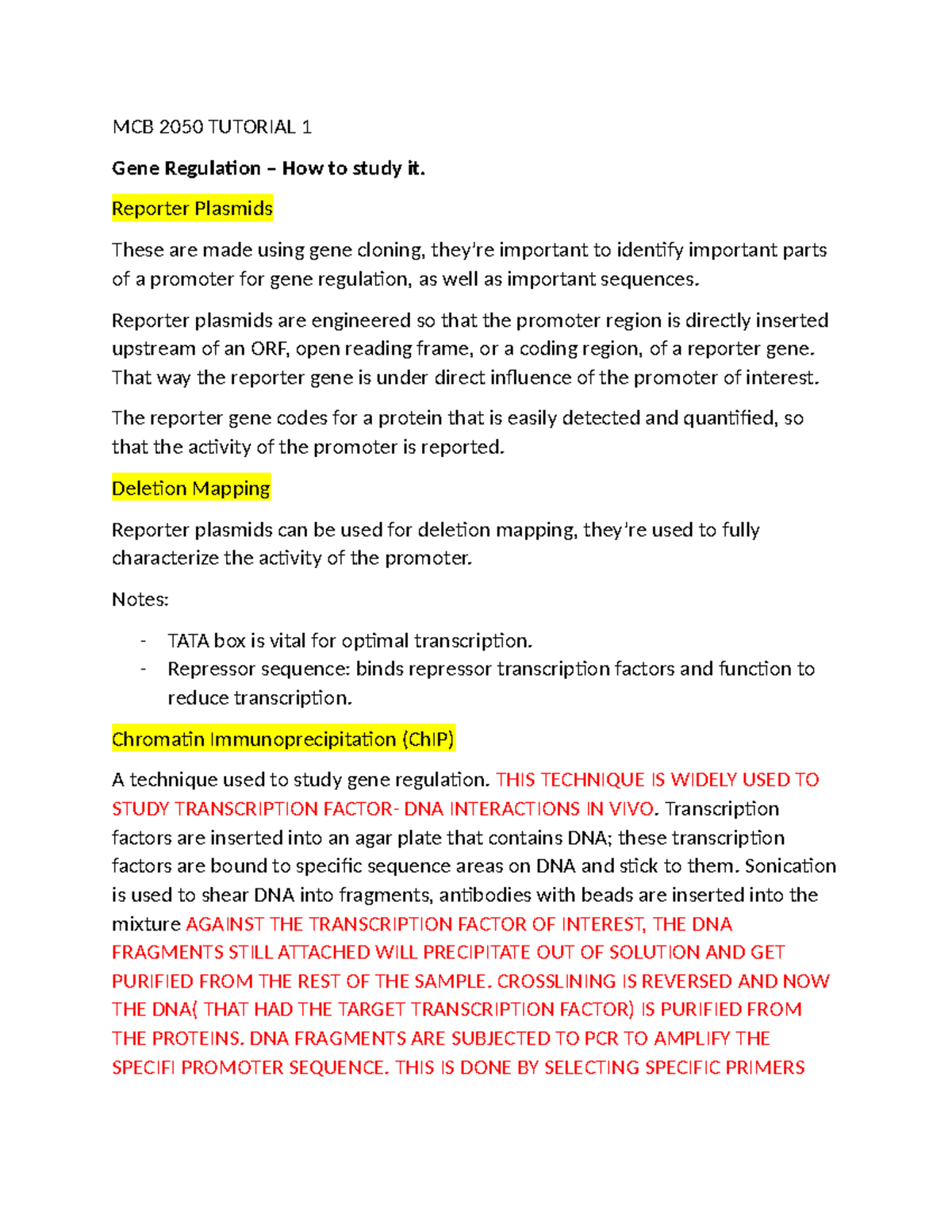 Tutorial 1 - MCB 2050 TUTORIAL 1 Gene Regulation – How to study it. Reporter Plasmids These are ...