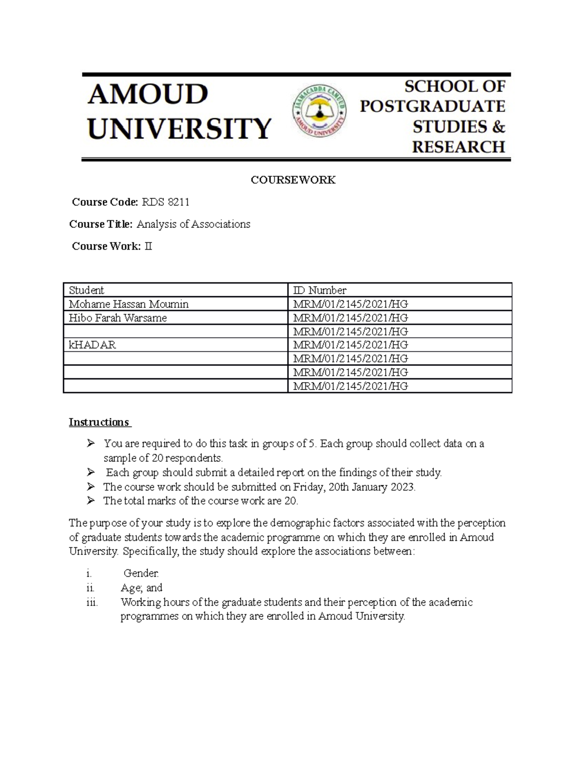 Final Assignment; Correlation - COURSEWORK Course Code: RDS 8211 Course Title: Analysis of - Studocu