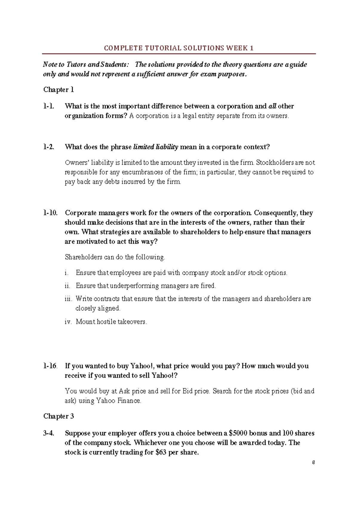 Tutorial Work 1 5 Financial Management - 8 COMPLETE TUTORIAL SOLUTIONS ...