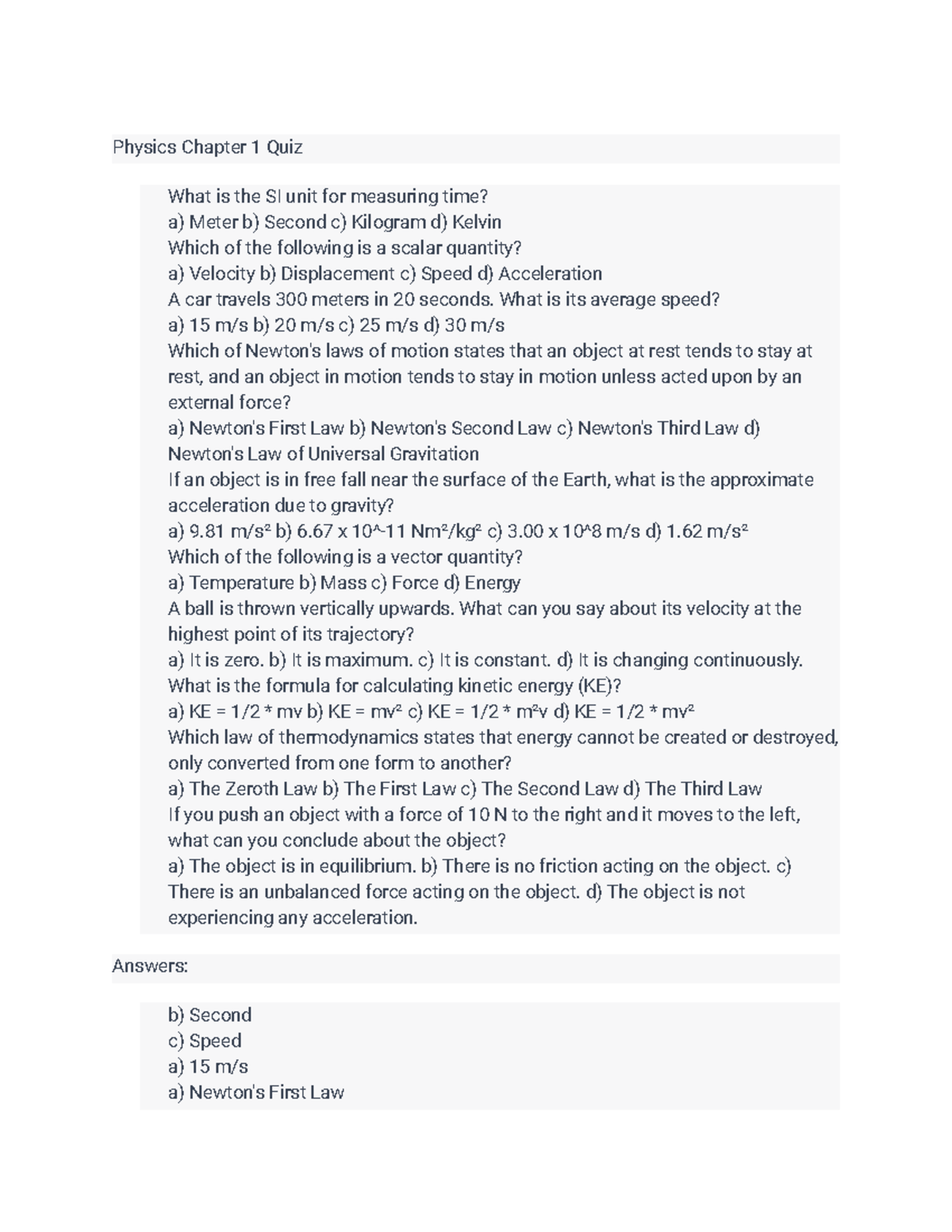 Physics Chapter 1 Quiz - Physics Chapter 1 Quiz What is the SI unit for ...
