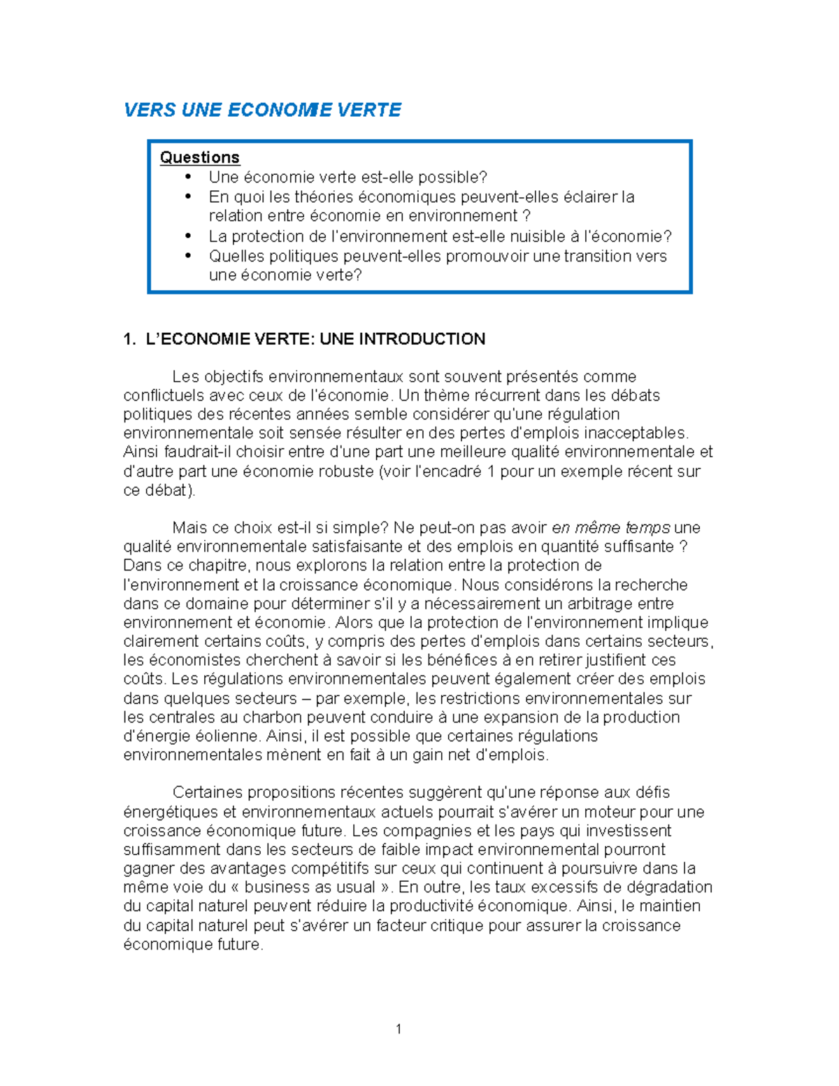 Economie Verte - VERS UNE ECONOMIE VERTE 1. L’ECONOMIE VERTE: UNE INTRODUCTION Les objectifs ...