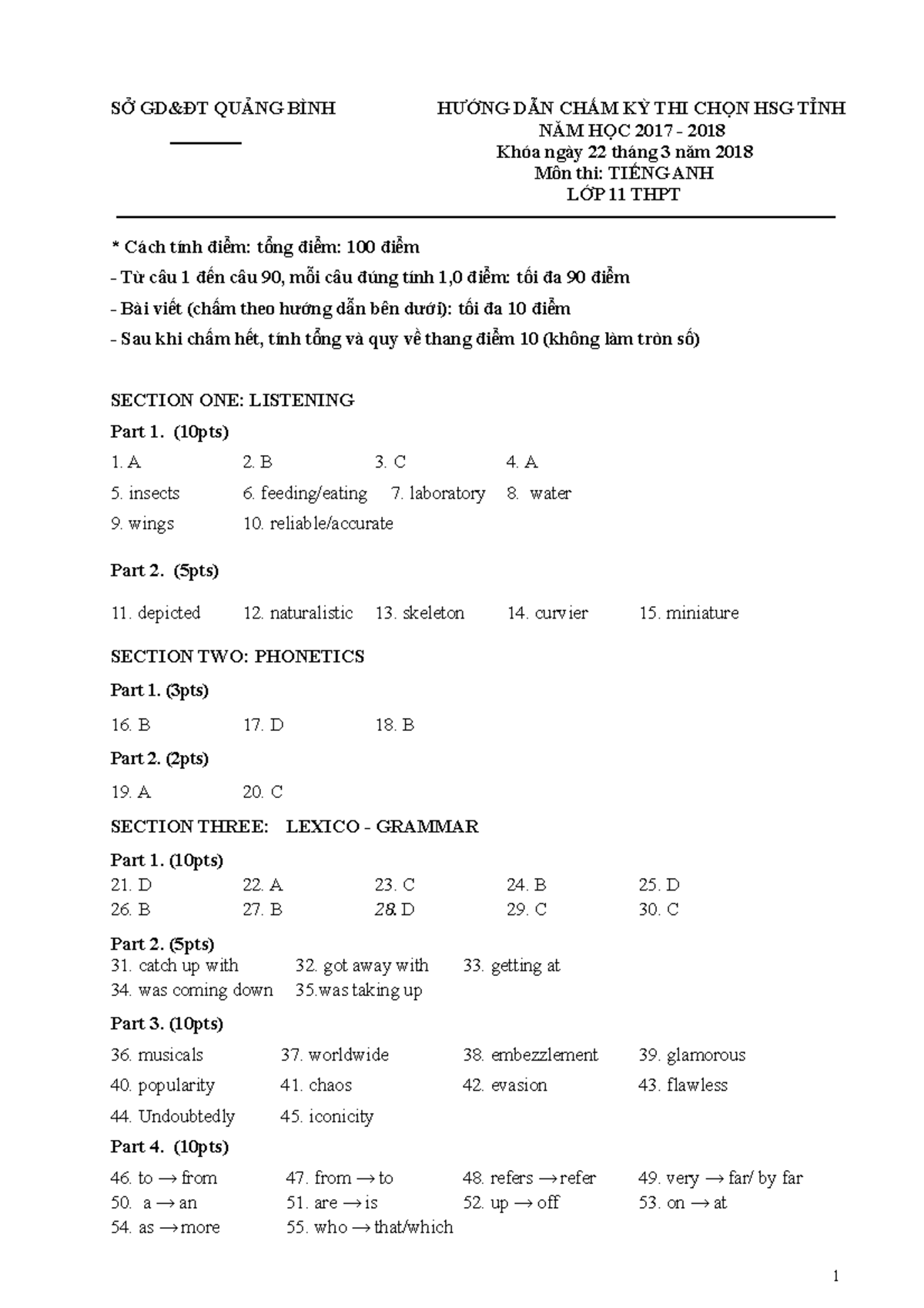 ĐÁP ÁN HSG TIẾNG ANH LỚP 11 (2017-2018 ) - SỞ GD&ĐT QUẢNG BÌNH HƯỚNG ...