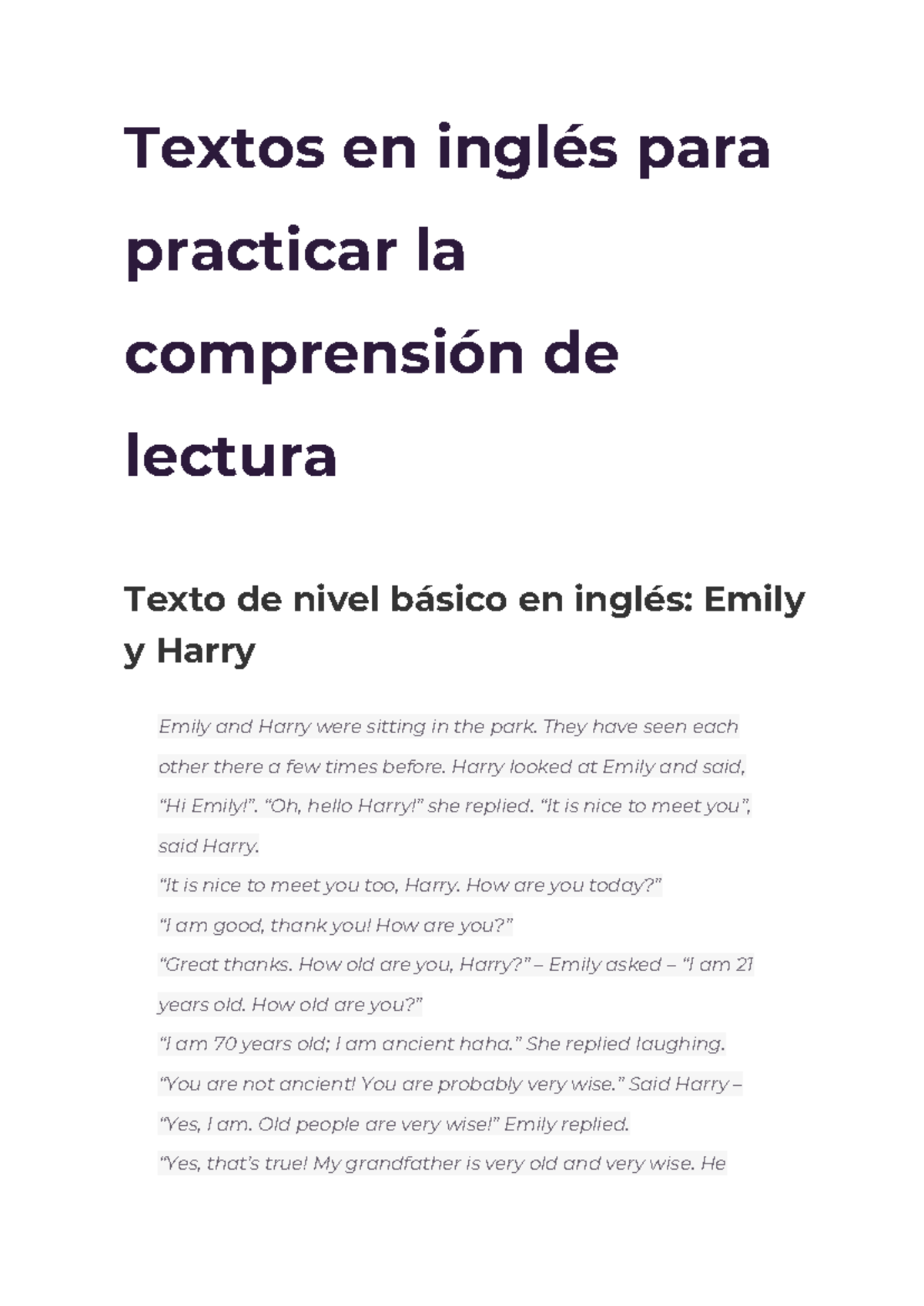 Textos en inglés para practicar la comprensión de lectura - Textos en ...
