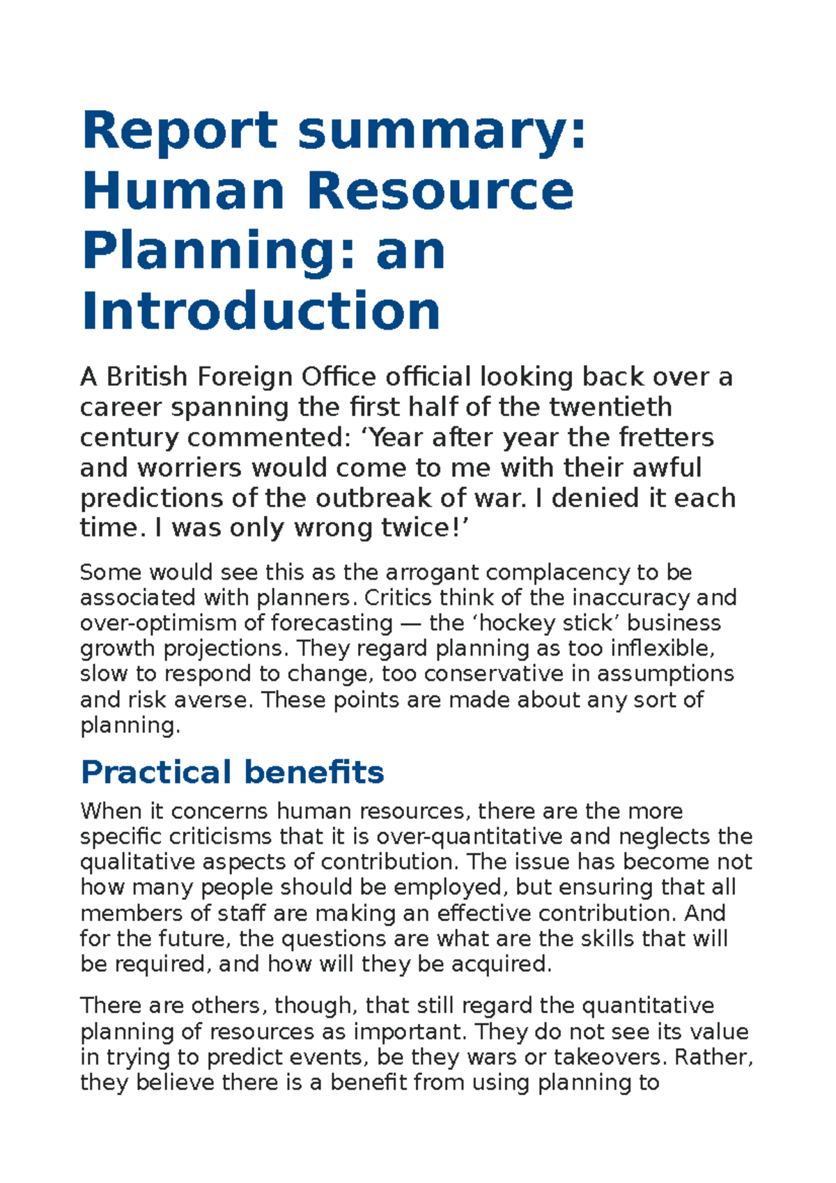 Hr - HR summary - Report summary: Human Resource Planning: an ...