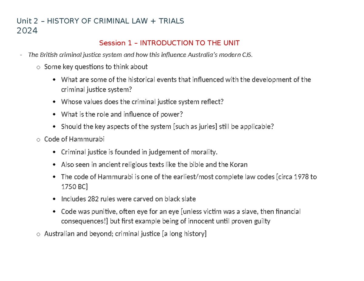 HCLT notes - adsfc - Unit 2 – HISTORY OF CRIMINAL LAW + TRIALS 2024 ...
