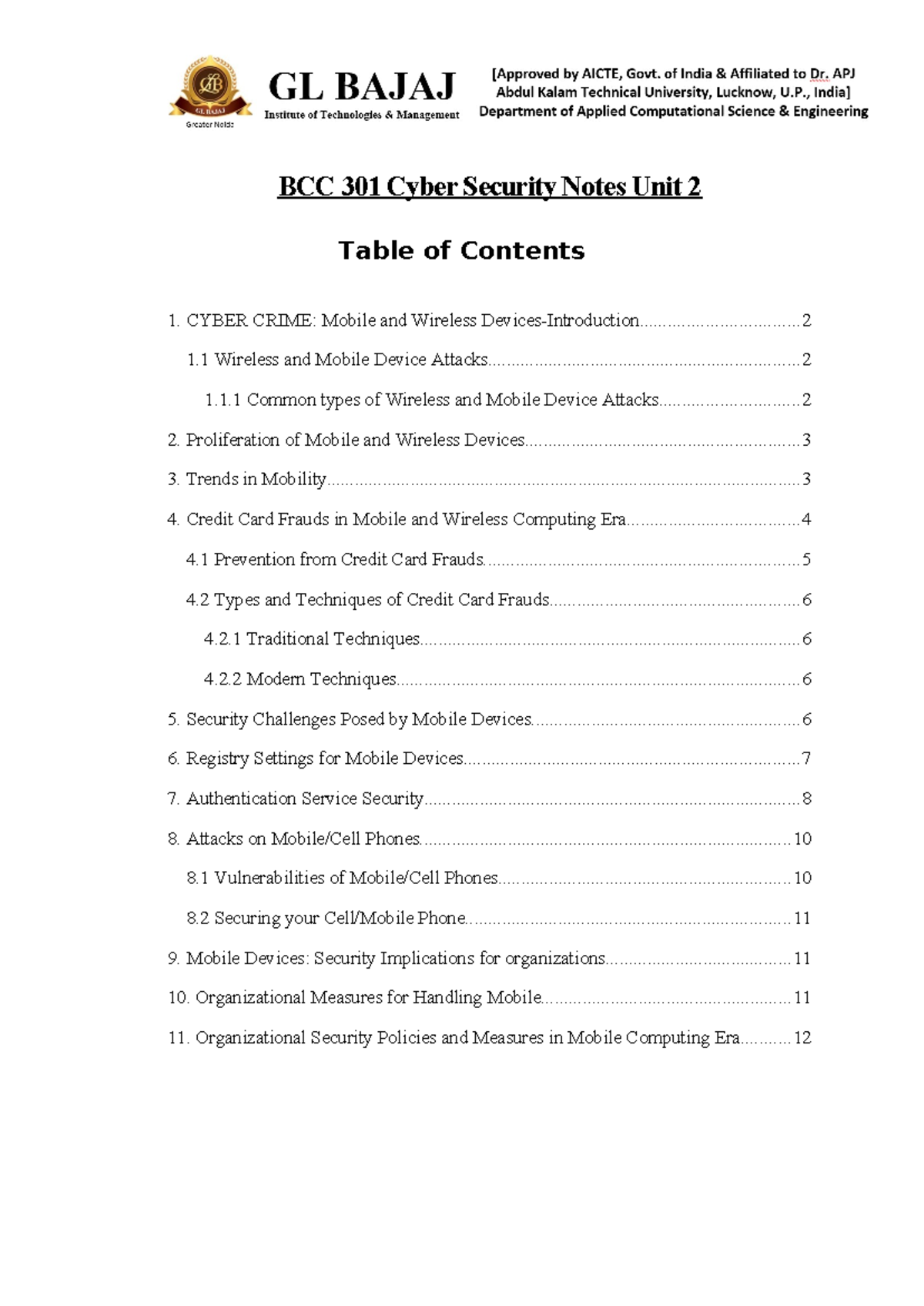 BCC 301 Cyber Security Notes Unit 2 - Table of Contents - BCC 301 Cyber ...