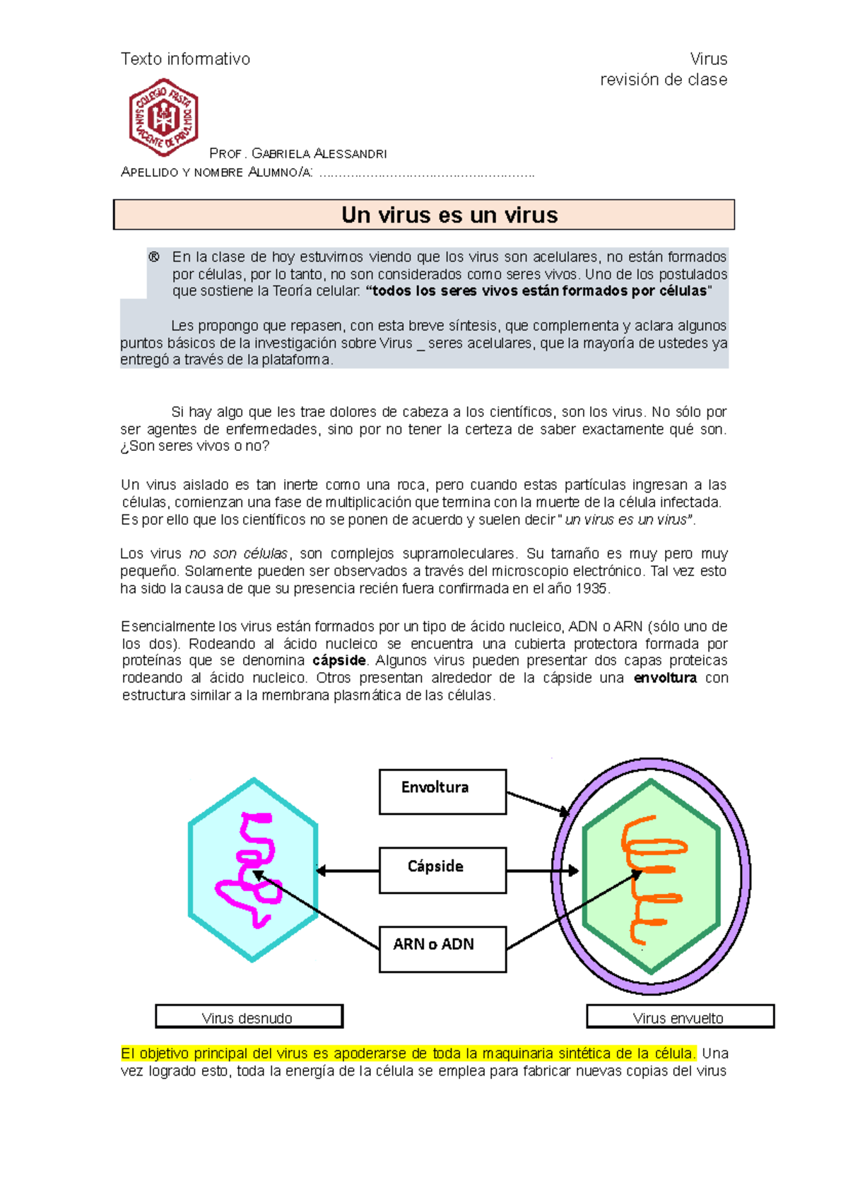 Virus - Texto informativo Virus revisión de clase PROF. GABRIELA ...