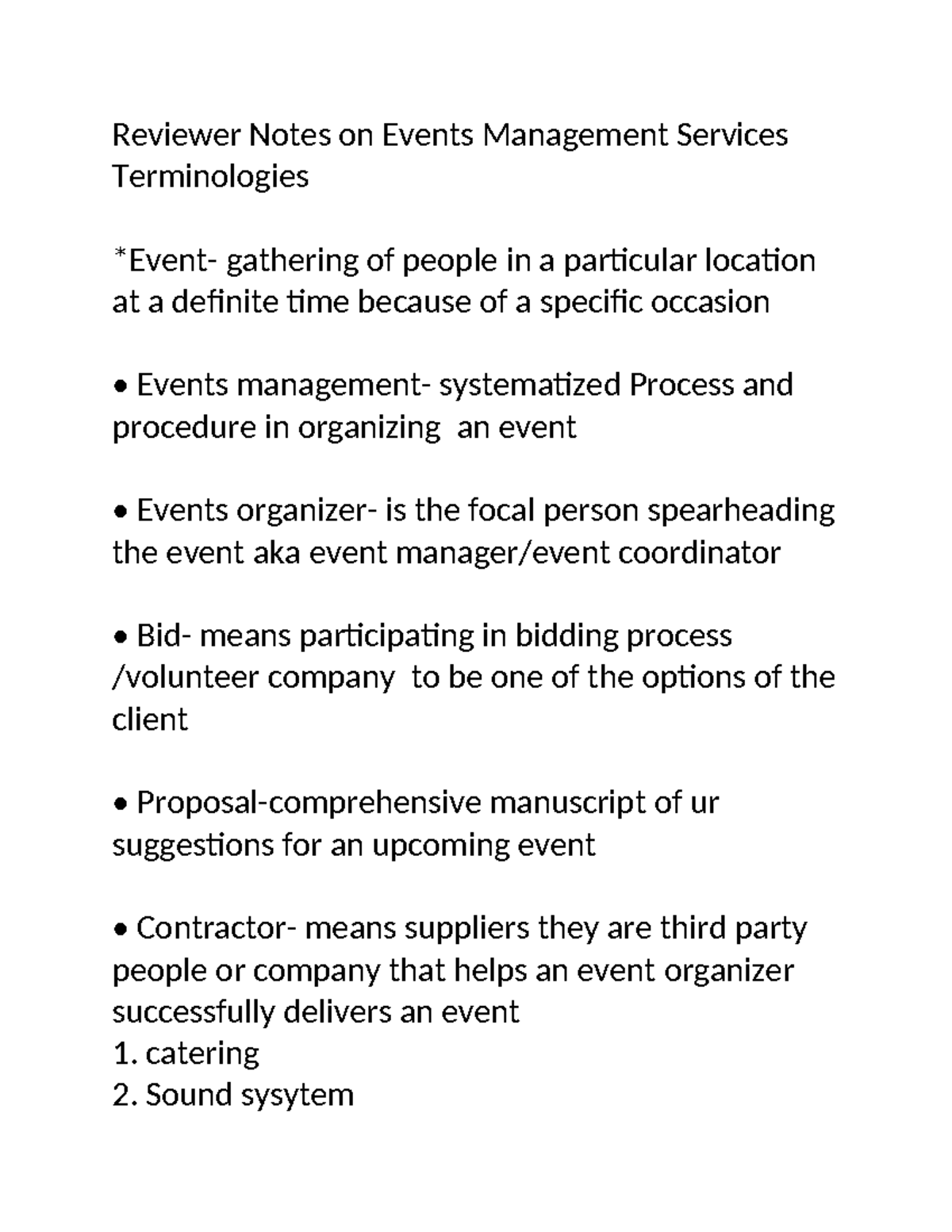 Events Management Reviewer - Reviewer Notes on Events Management ...