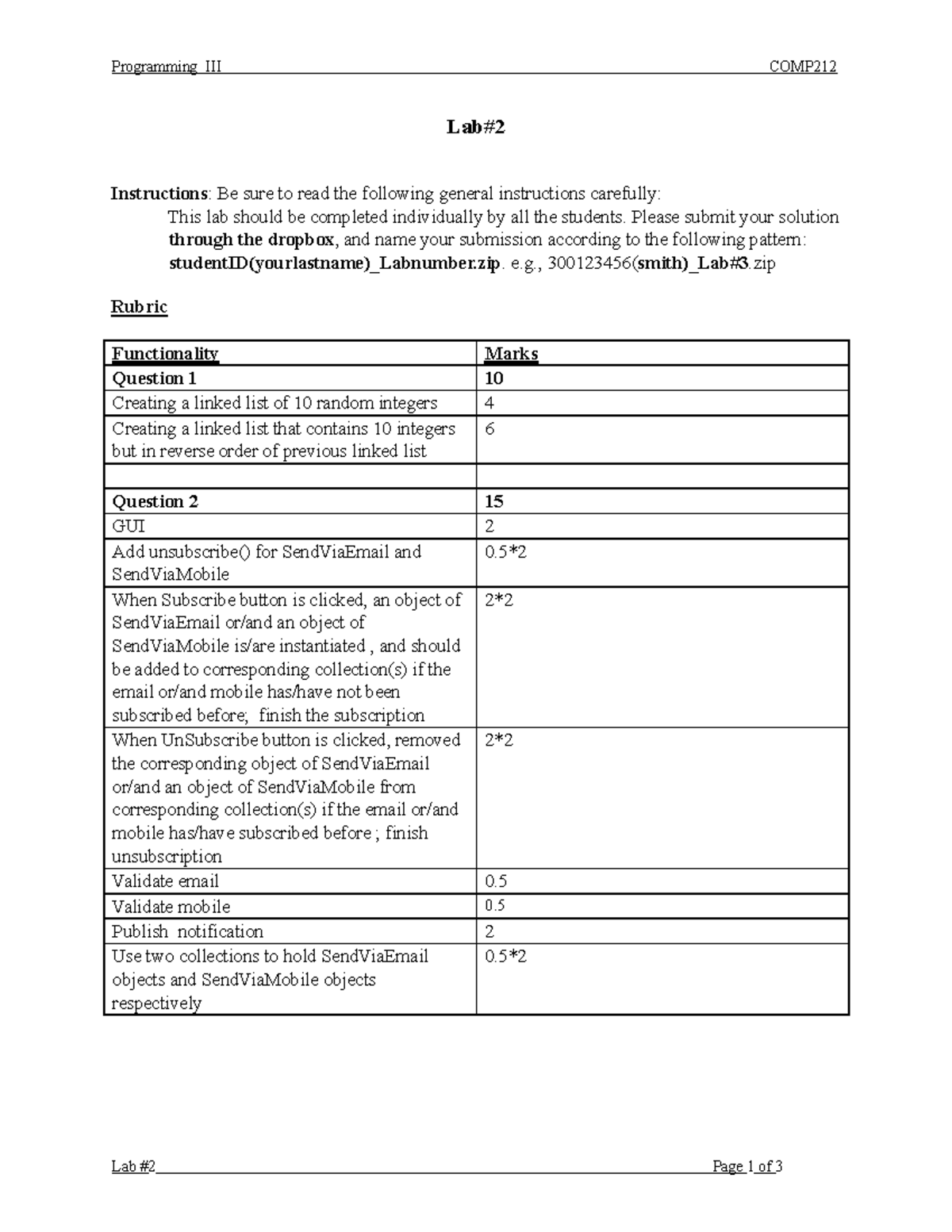 Lab#2 - cool - Programming III COMP Lab # 2 Page 1 of 3 Lab# Instructions: Be sure to read the ...